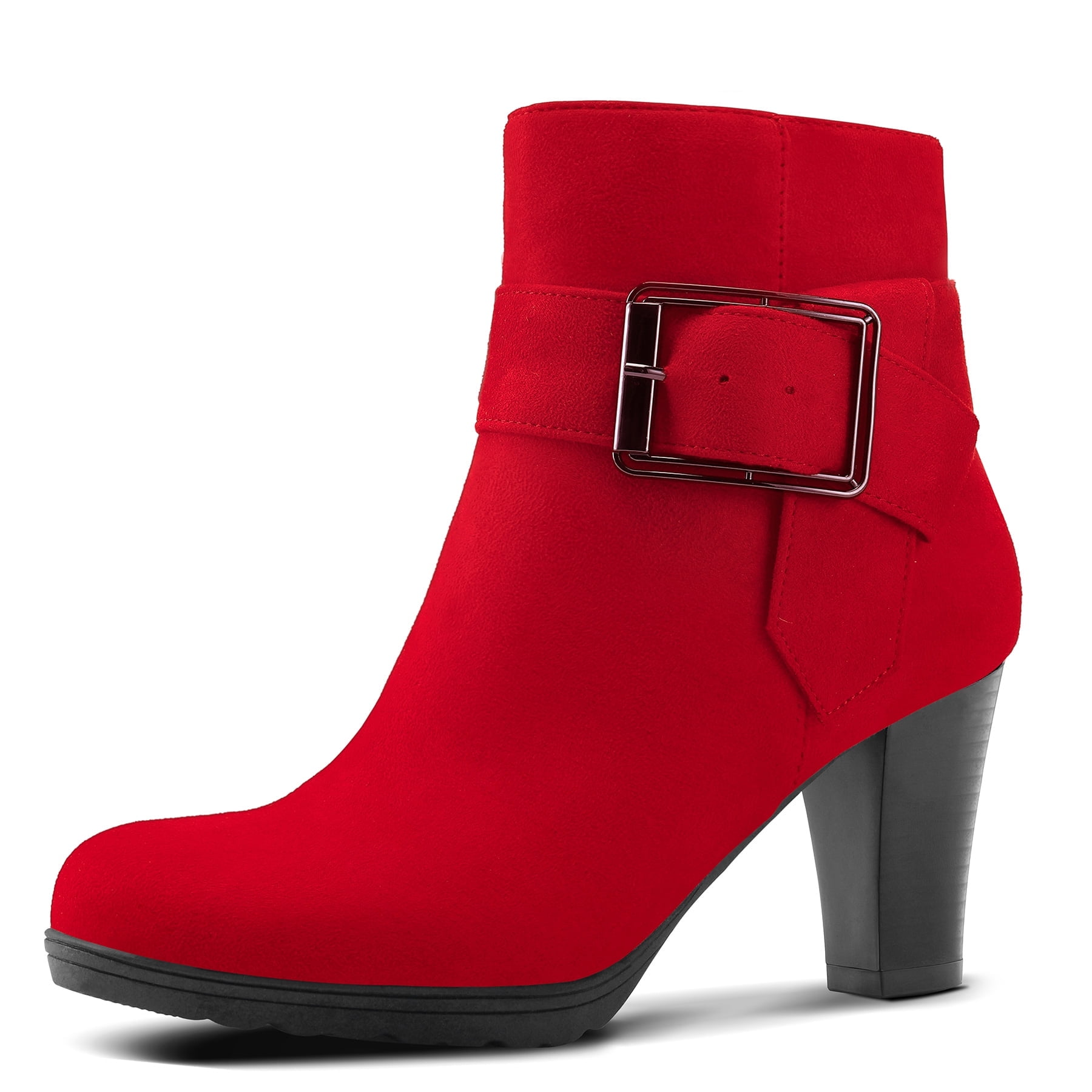 Pennysue Women's Chunky Heel Red Buckle Ankle Boots Thick Heeled ...