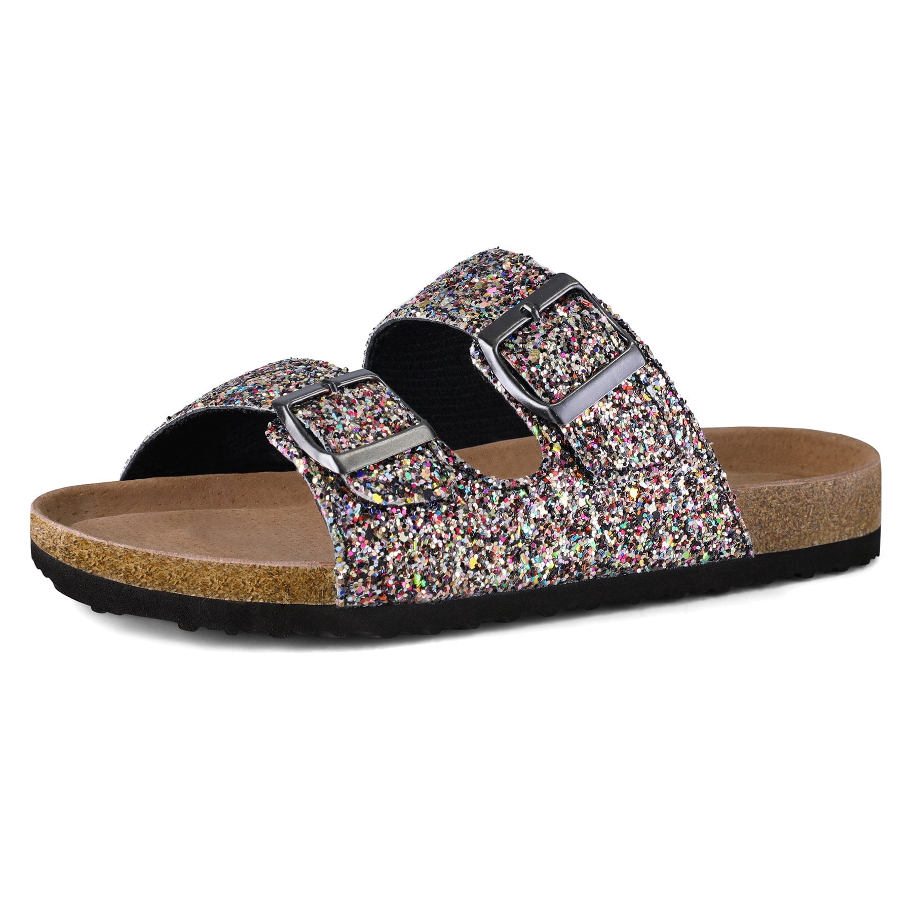 Pennysue Women's Cork Footbed Slide Sandals Glitter Adjustable Buckle ...