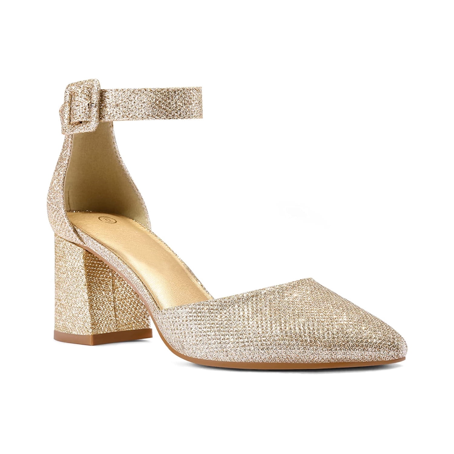 Pennysue Women's Gold Pointy Low Chunky Heels, Ankle Strap Shoes, Size ...