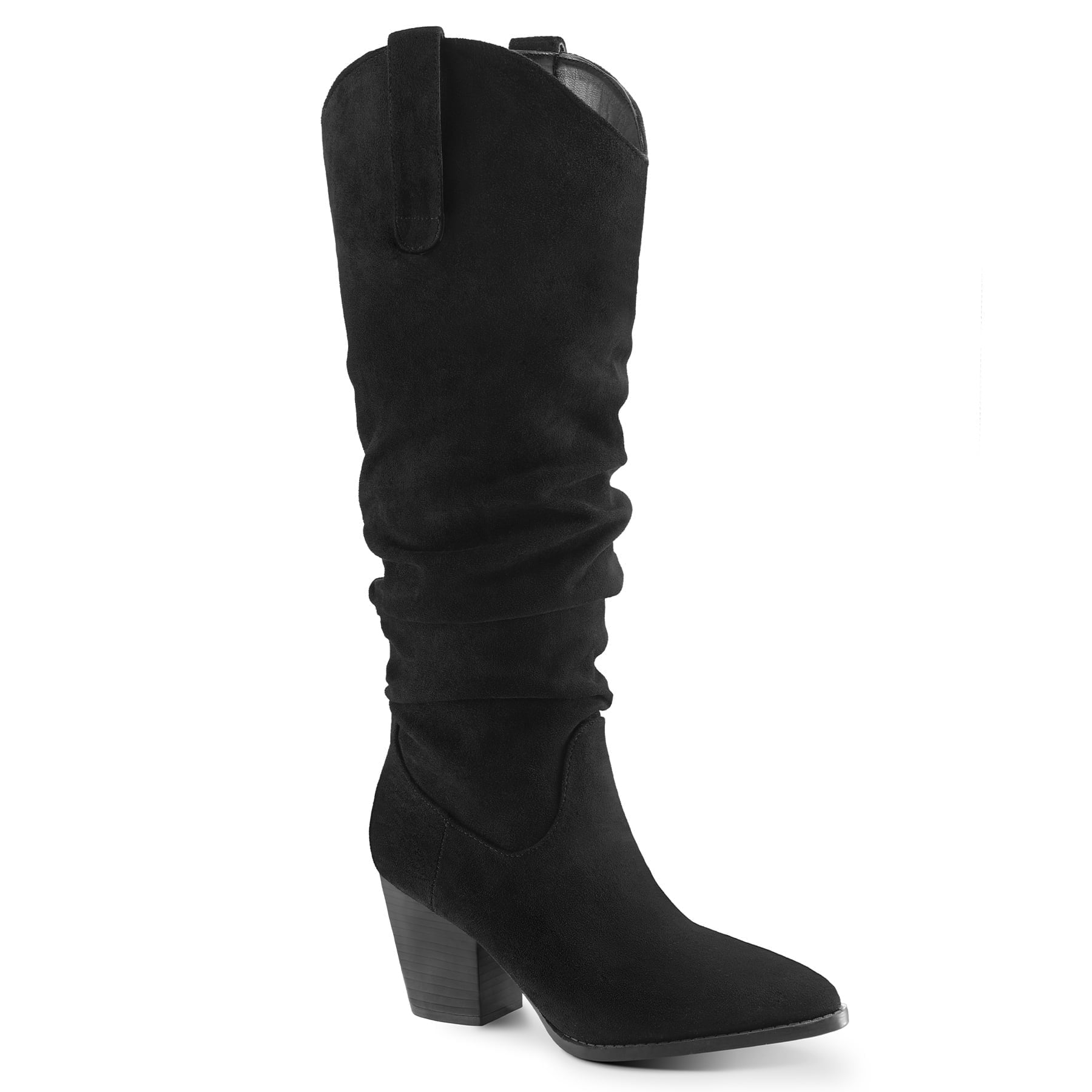 Pennysue Women's Knee-High Booties Black Mid Chunky Heel Slouchy Boots ...