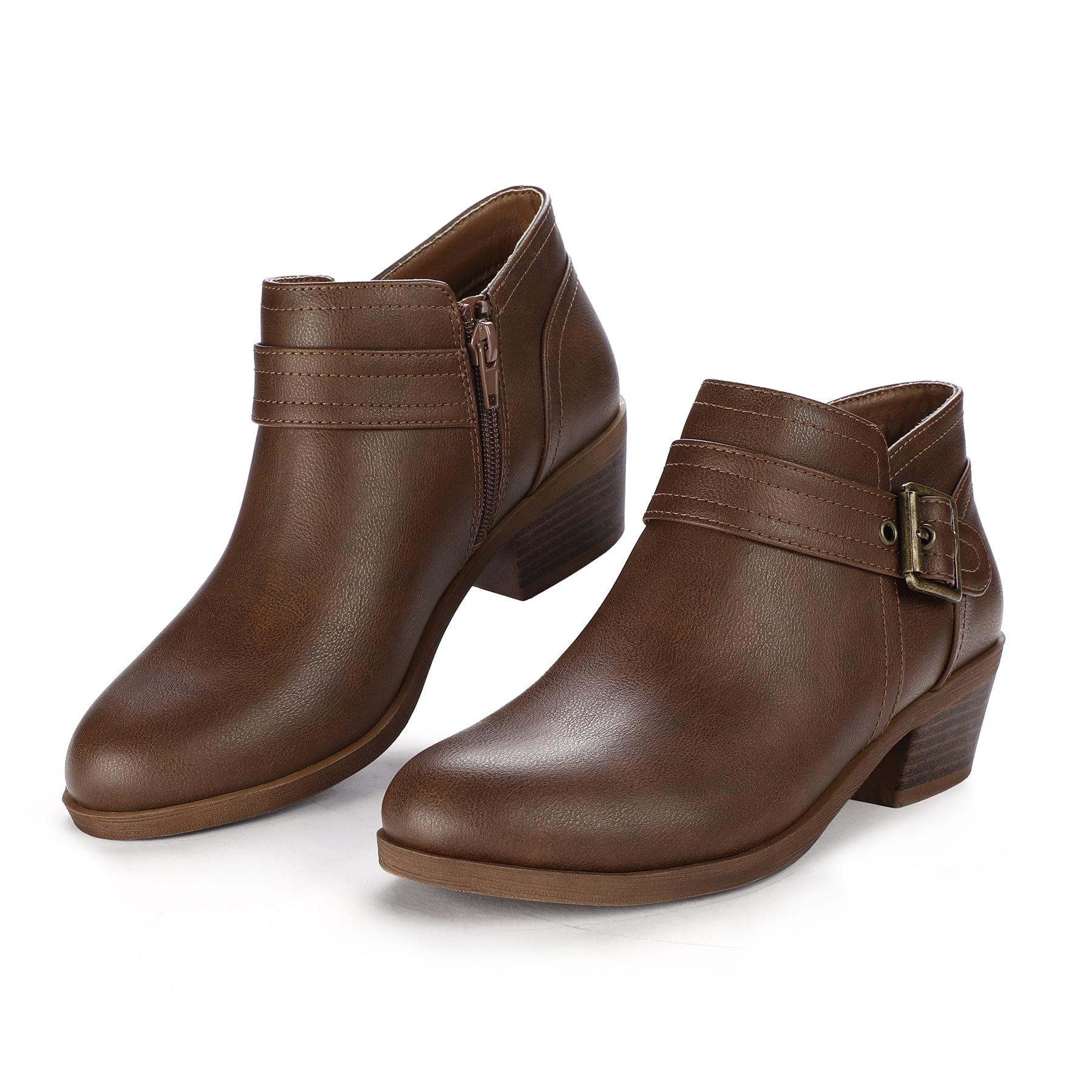 Pennysue Women Low Chunky Stacked Heel Boots Dark Brown Pu Side Zipper ...
