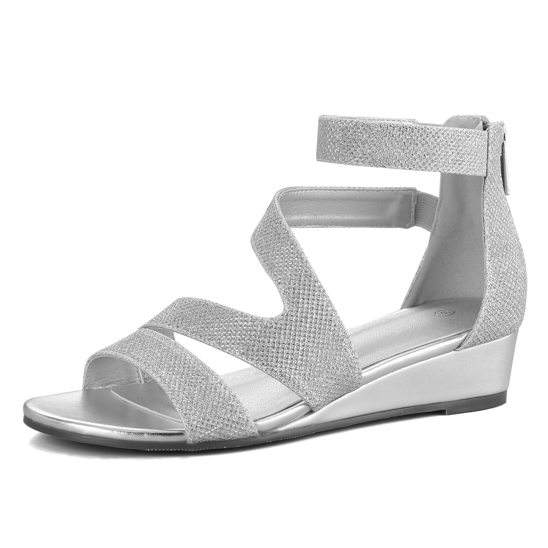 Pennysue Women's Strappy Silver Glitter Open Toe, Ankle Strap Low Wedge ...