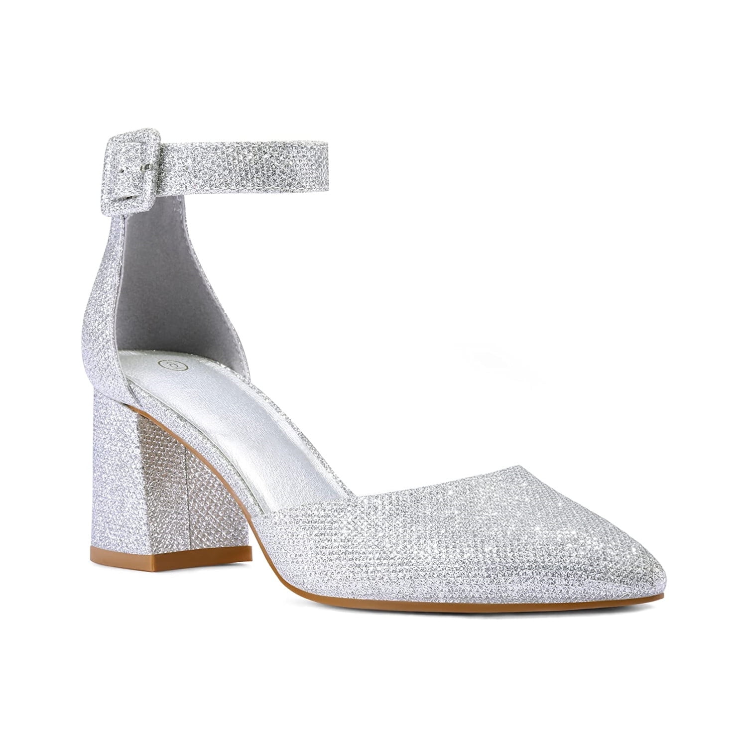 Pennysue Women's Silver Pointy Low Chunky Heels With Ankle Strap Size 7 ...