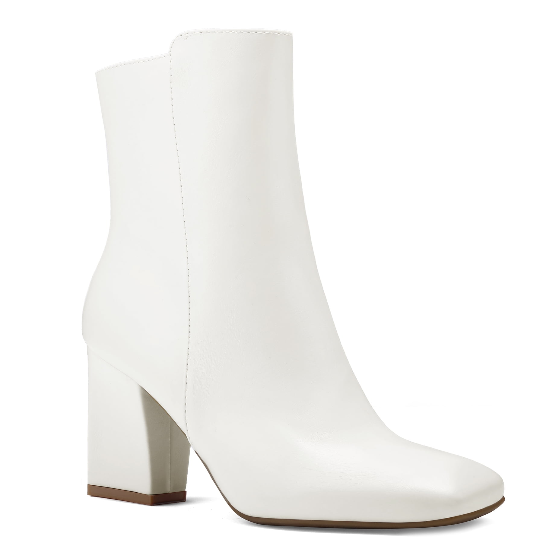 Pennysue Women's Square Toe Mid Calf Boots White Chunky Block Heel ...
