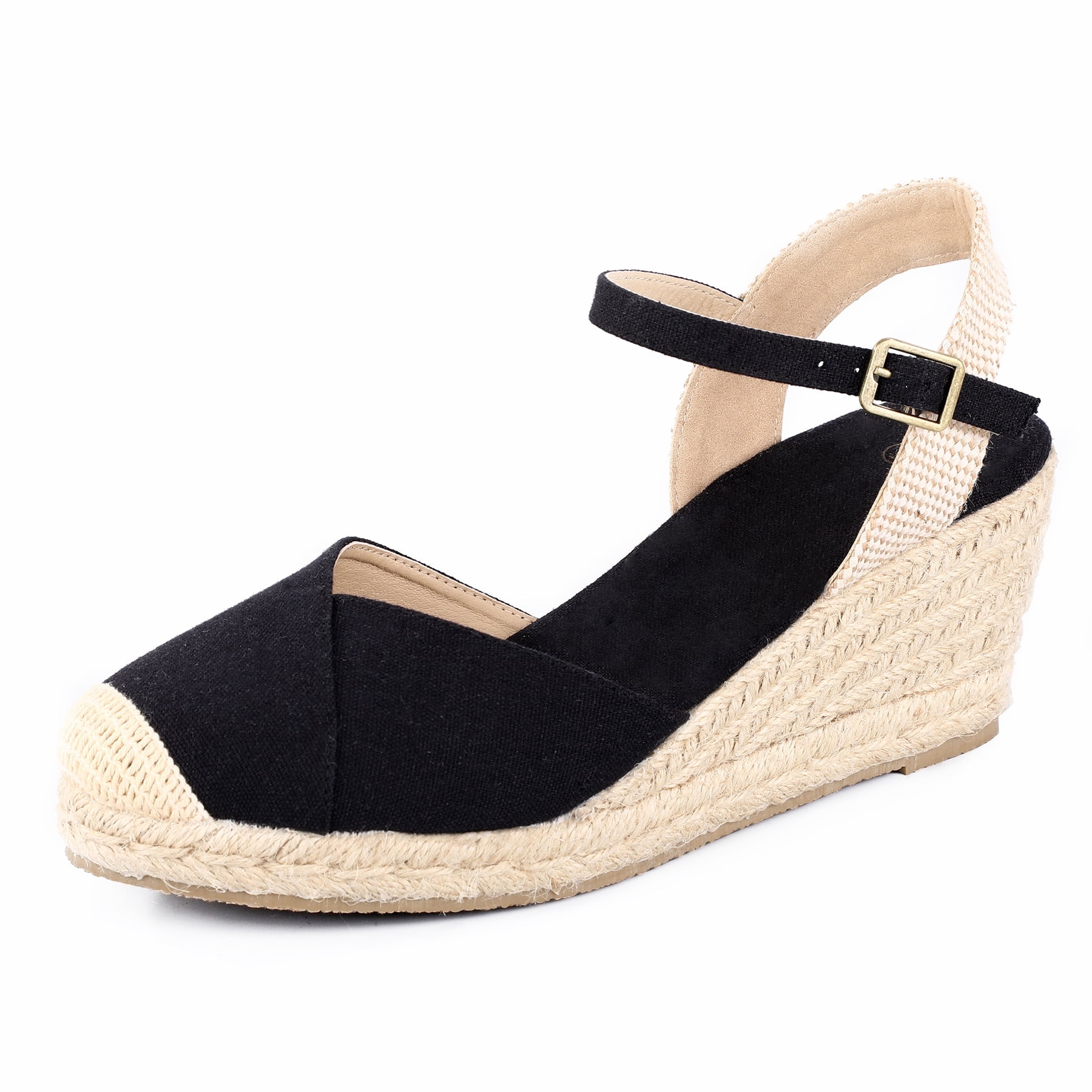 Pennysue Women's Espadrilles Wedge Sandals Black Platform Ankle Strap ...