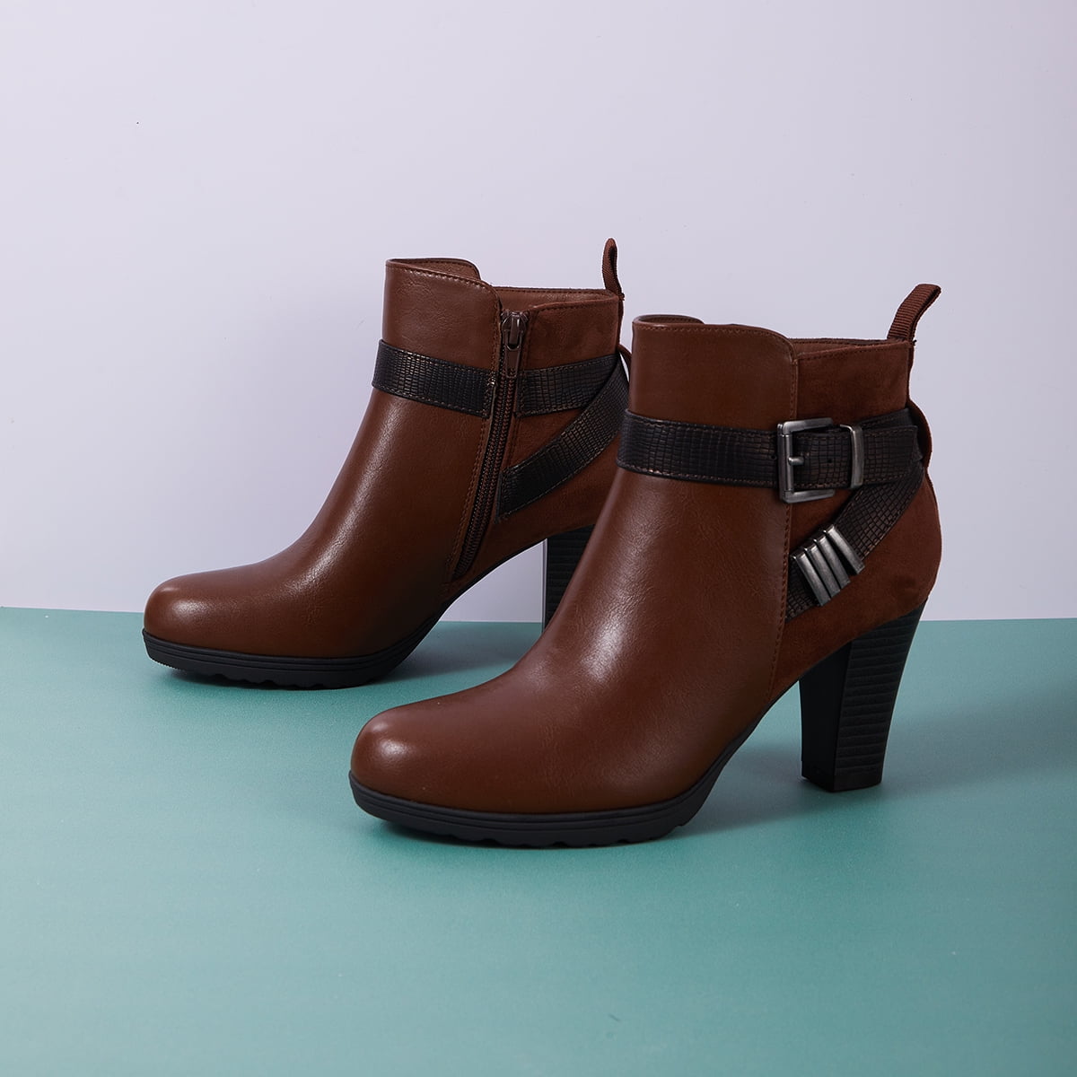 Pennysue Women's Thin Chunky Heel Ankle Booties Brown Zipper Short ...