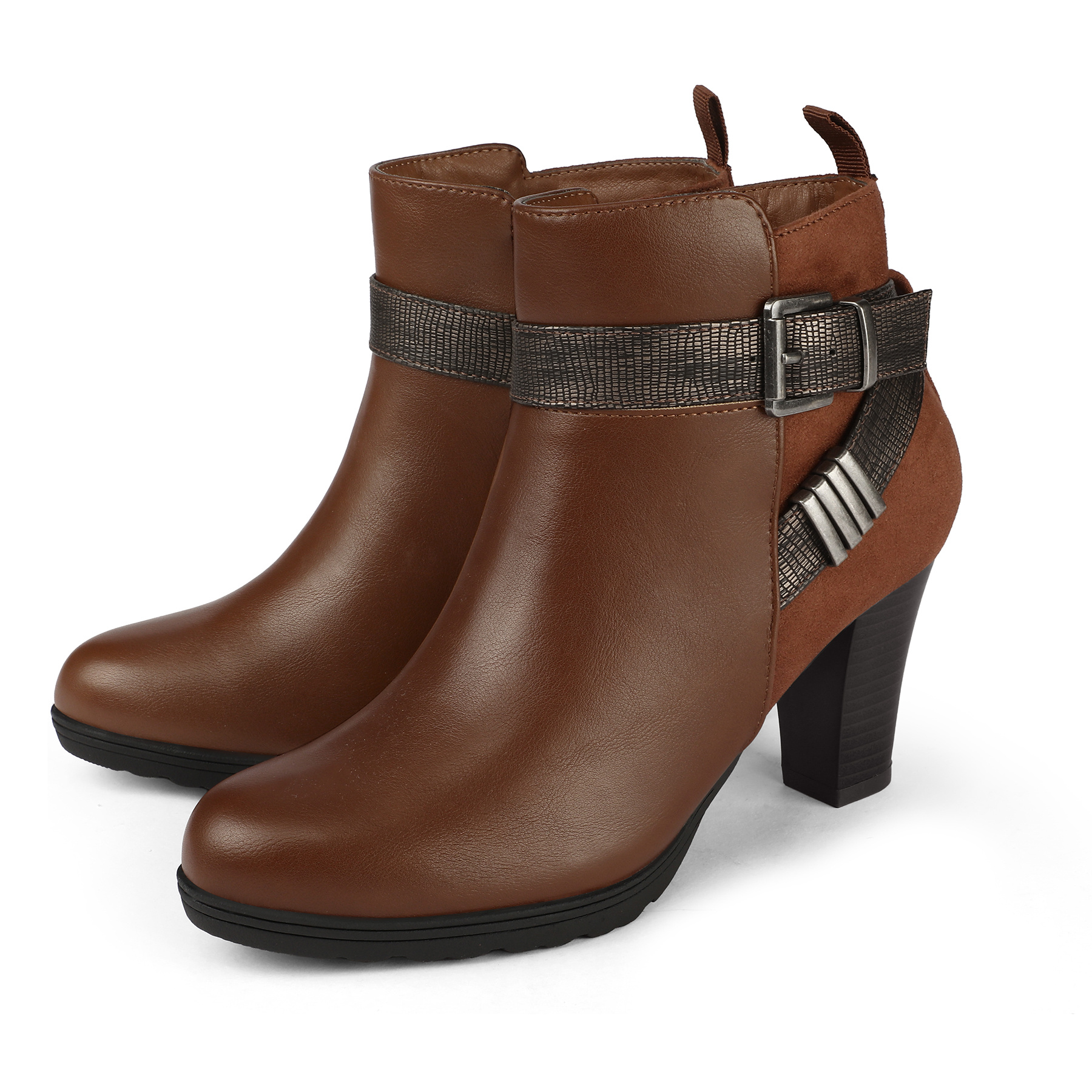 Pennysue Women's Thin Chunky Heel Ankle Booties Brown Zipper Short ...