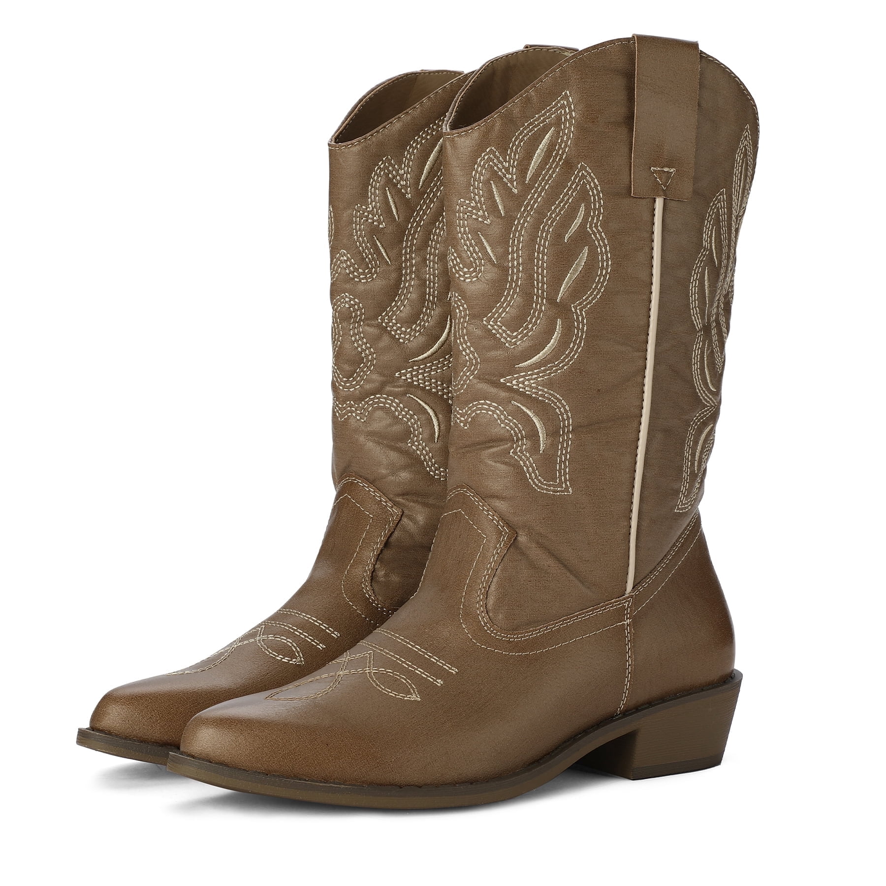 Pennysue Women's Western Cowboy Boots Light Brown Mid-Calf Pointed Toe ...