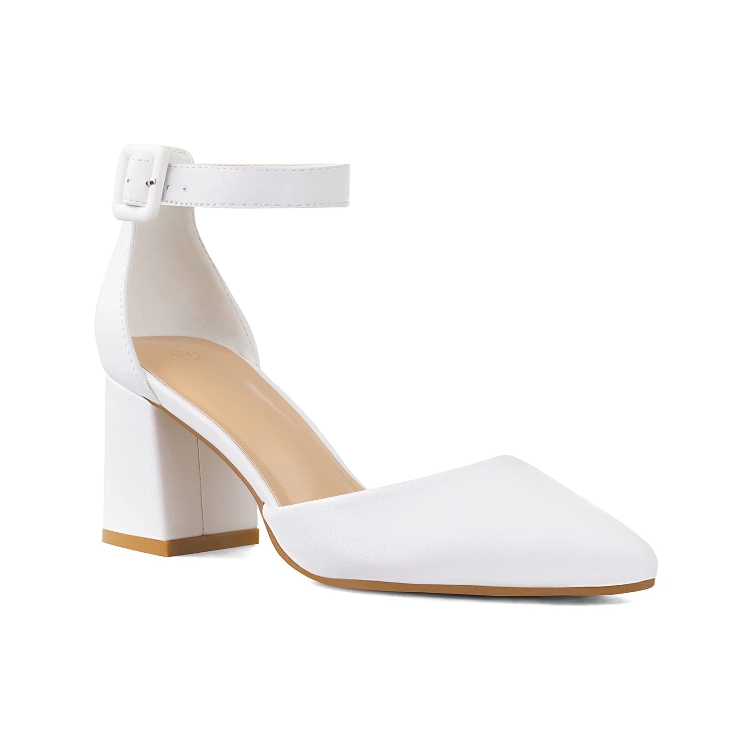 Pennysue Women's White Pointy Low Chunky Heels With Ankle Strap Size 9 ...
