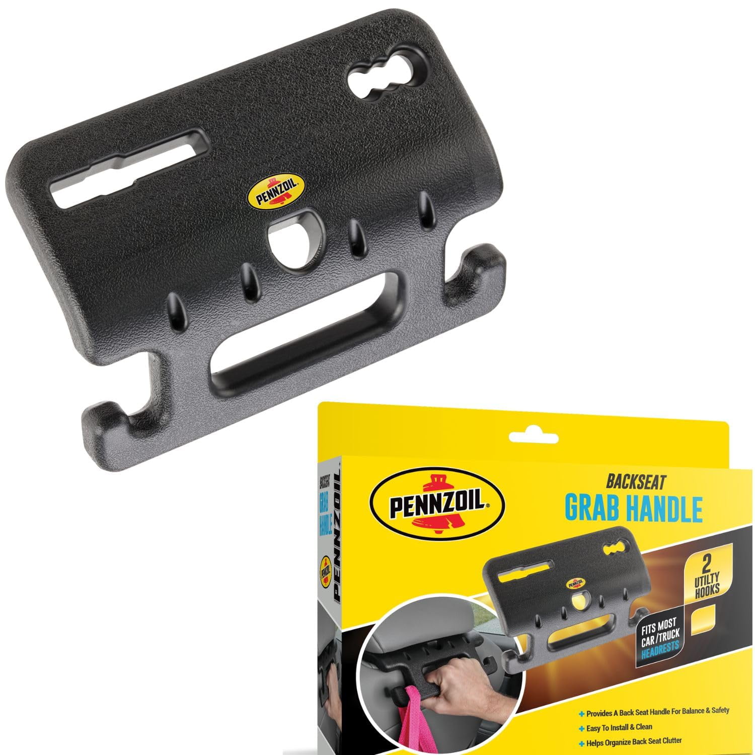Pennzoil Headrest Car Backseat Grab Handle with 2 Headrest Hooks For ...