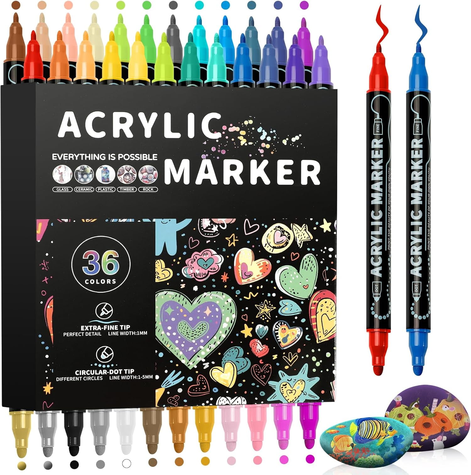 Pens Markers,36 Colours Fine & Dot Dual Tip Markers for Rock Painting ...