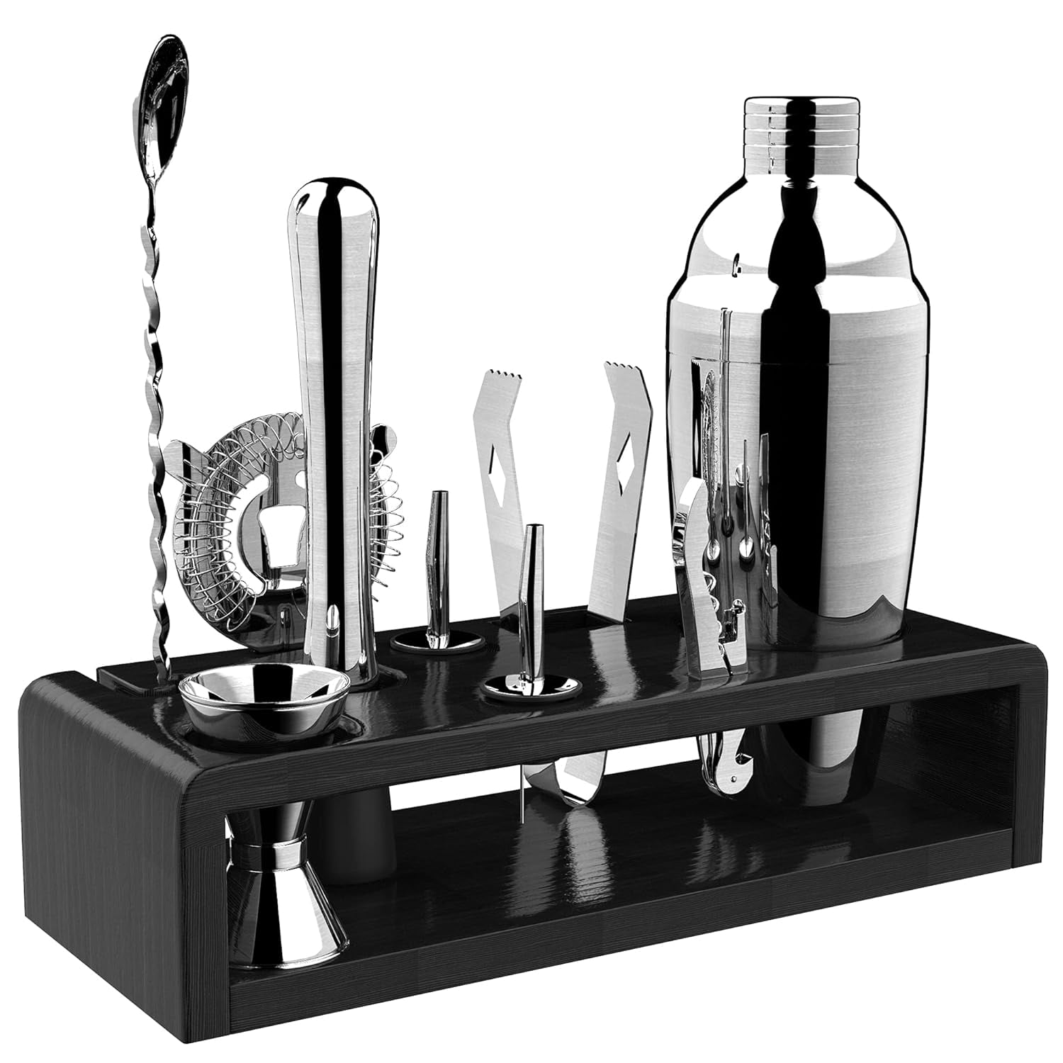 PentaQ Cocktail Shaker Set Bartender Kit with Wooden Stand 10 Pieces ...