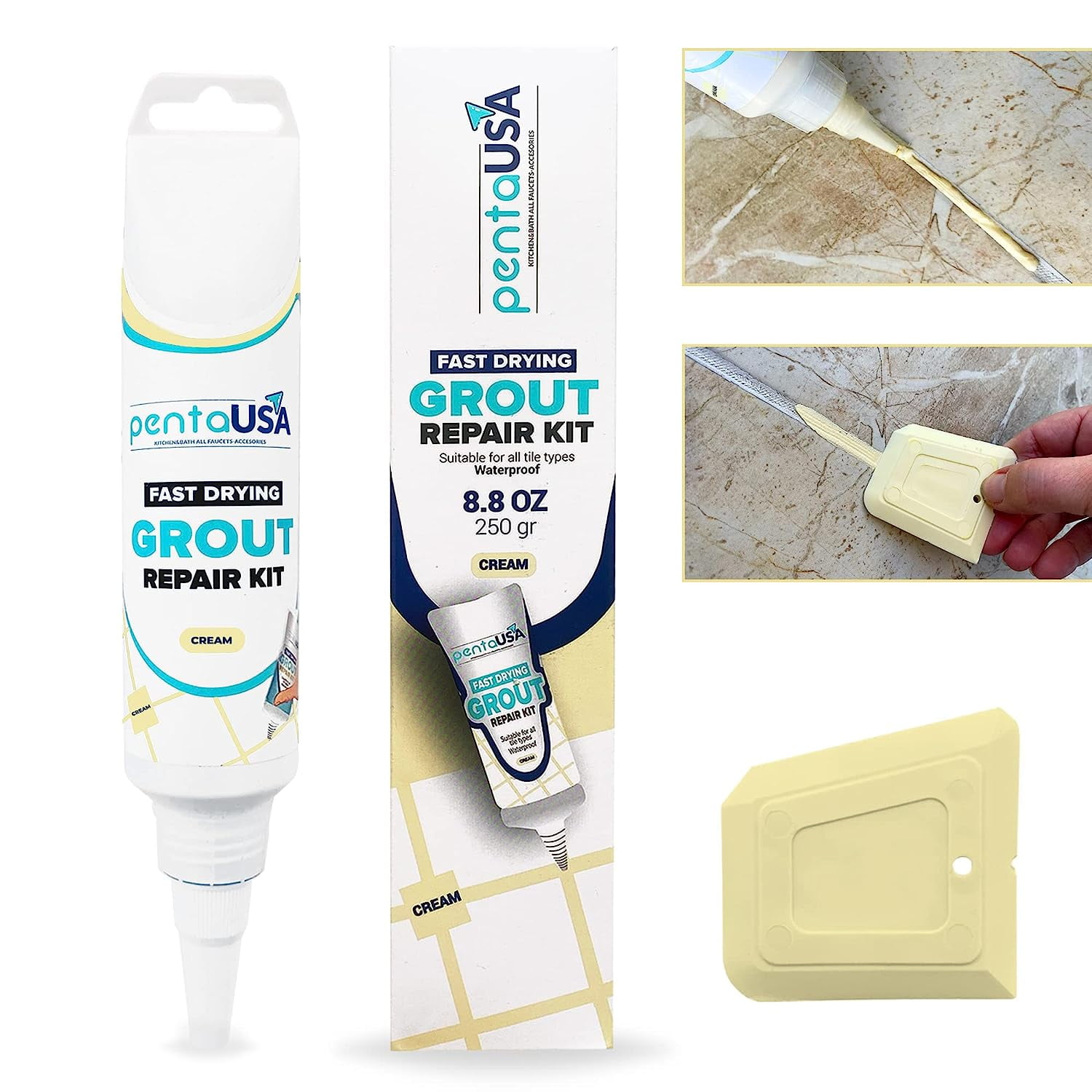 PentaUSA Cream Tile Grout Repair Kit- 8.8 oz, 250 Gr, Fast Drying ...