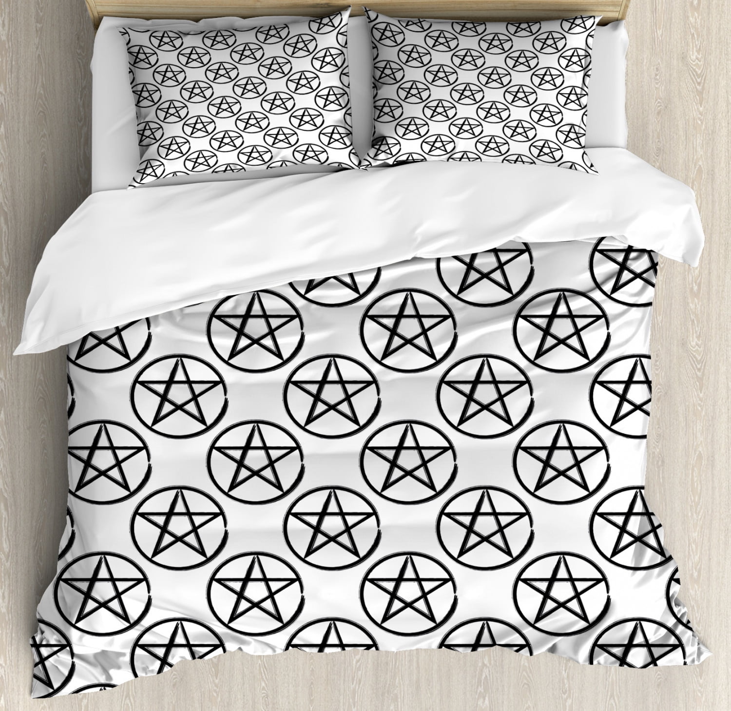 Pentacle Duvet Cover Set Queen Size, Continuous Pattern of Hand Drawn Stylized Pentagram Star in ...