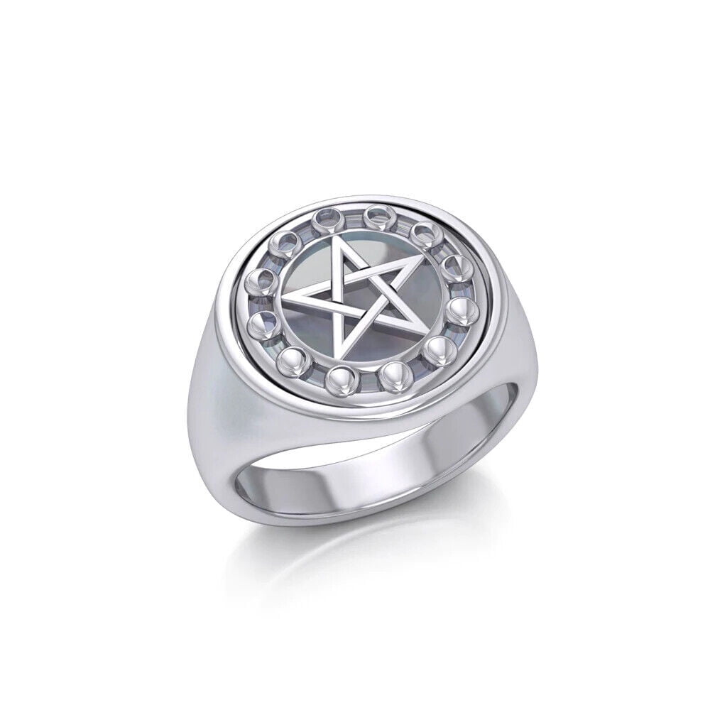 Pentacle Moon Phase Flip Ring 925 Sterling Silver Rainbow Moonstone ...