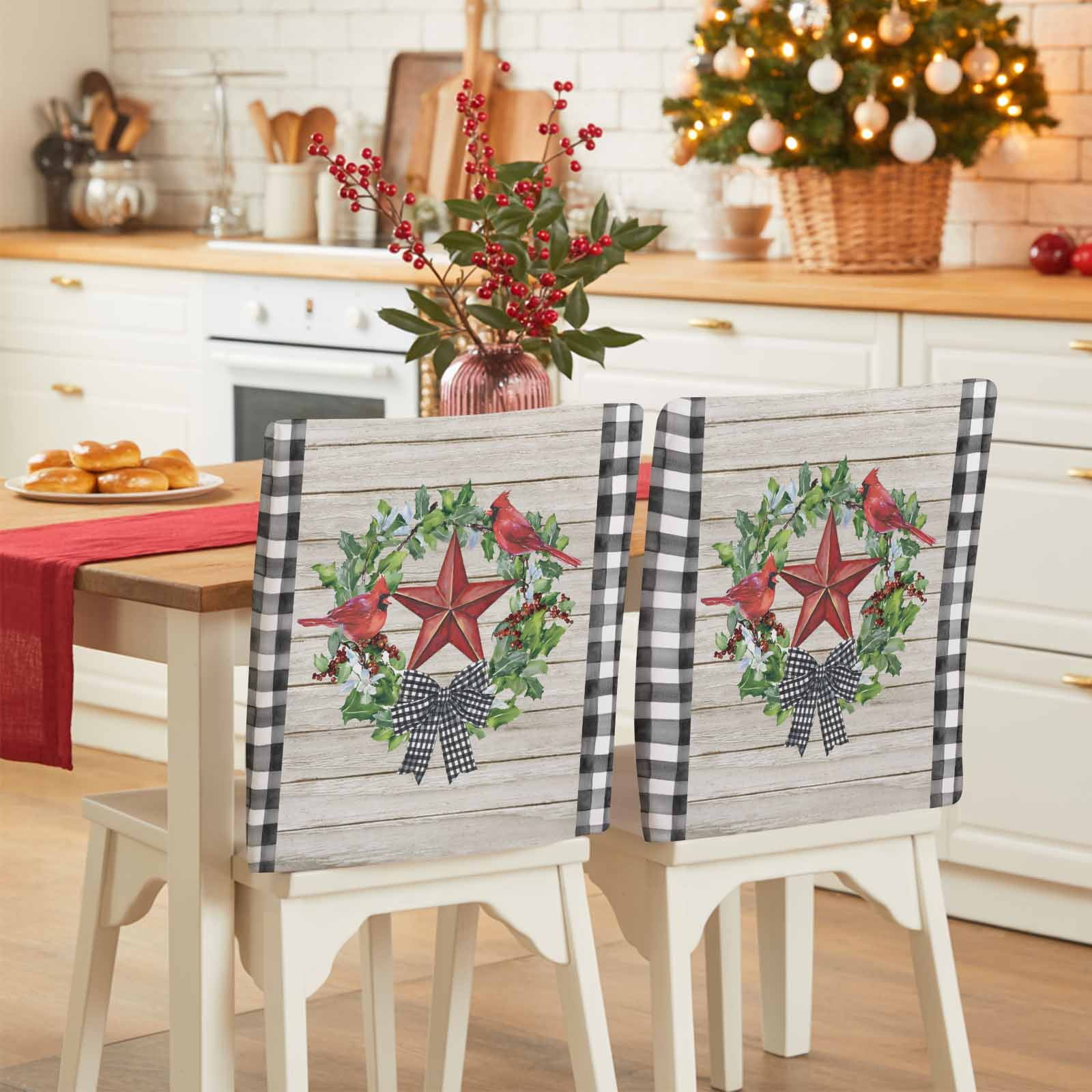 Pentagram Black Plaid Bow Chair Back Covers Set of 4, Leaves Berry Bird ...