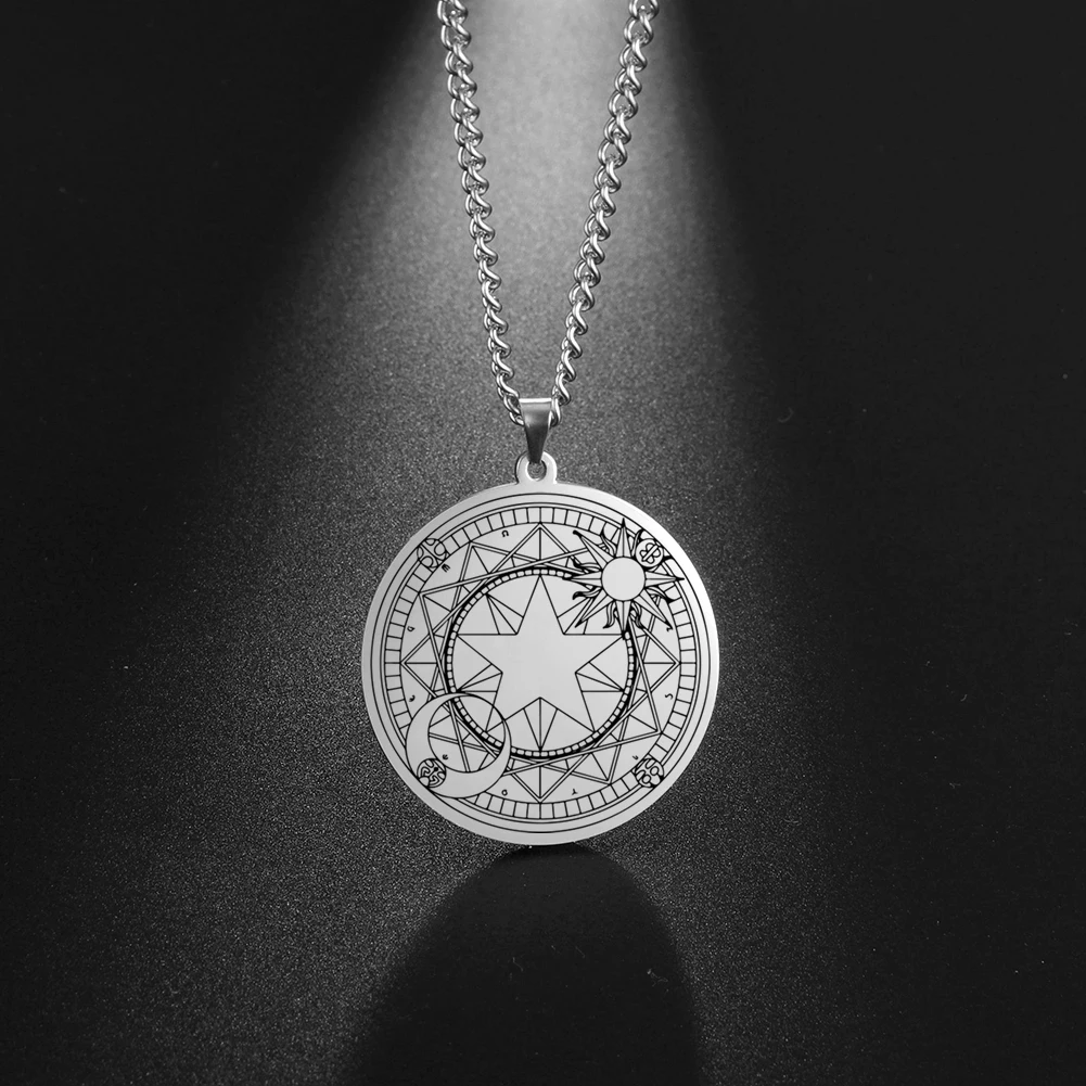 Pentagram Crescent Necklace Sakura Magic Circle Sun Moon Star Magic Array Good Luck Amulet 14K ...