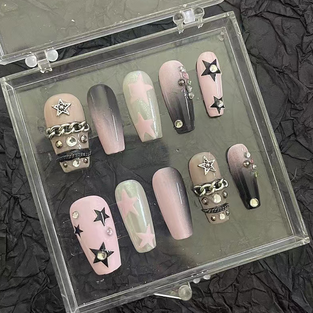 Pentagram Star Nail Slice Long Coffin Short Fake Nails Cute Hot Girl ...