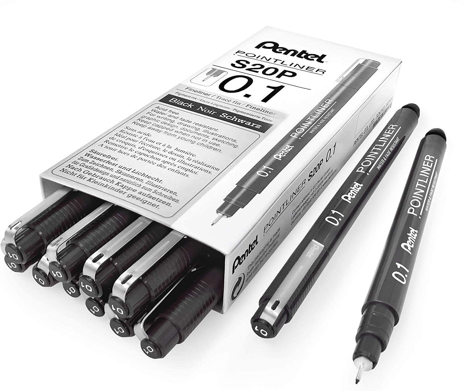 Pentel Arts Pointliner Drawing Pen, 0.1mm, Black Ink, Box of 12 Pens ...