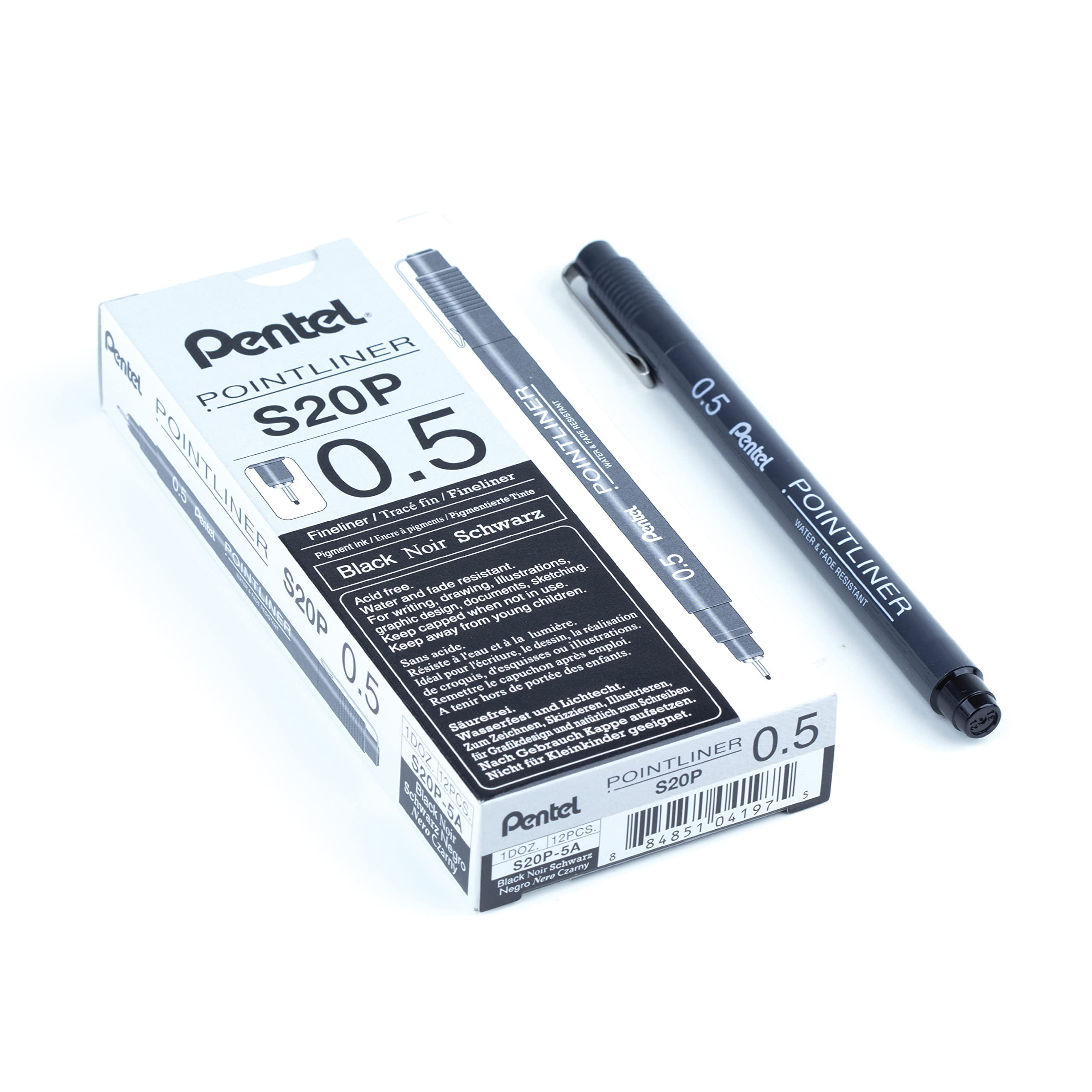 Pentel Arts Pointliner Drawing Pen, 0.5mm, Black Ink, Box of 12 (S20P ...