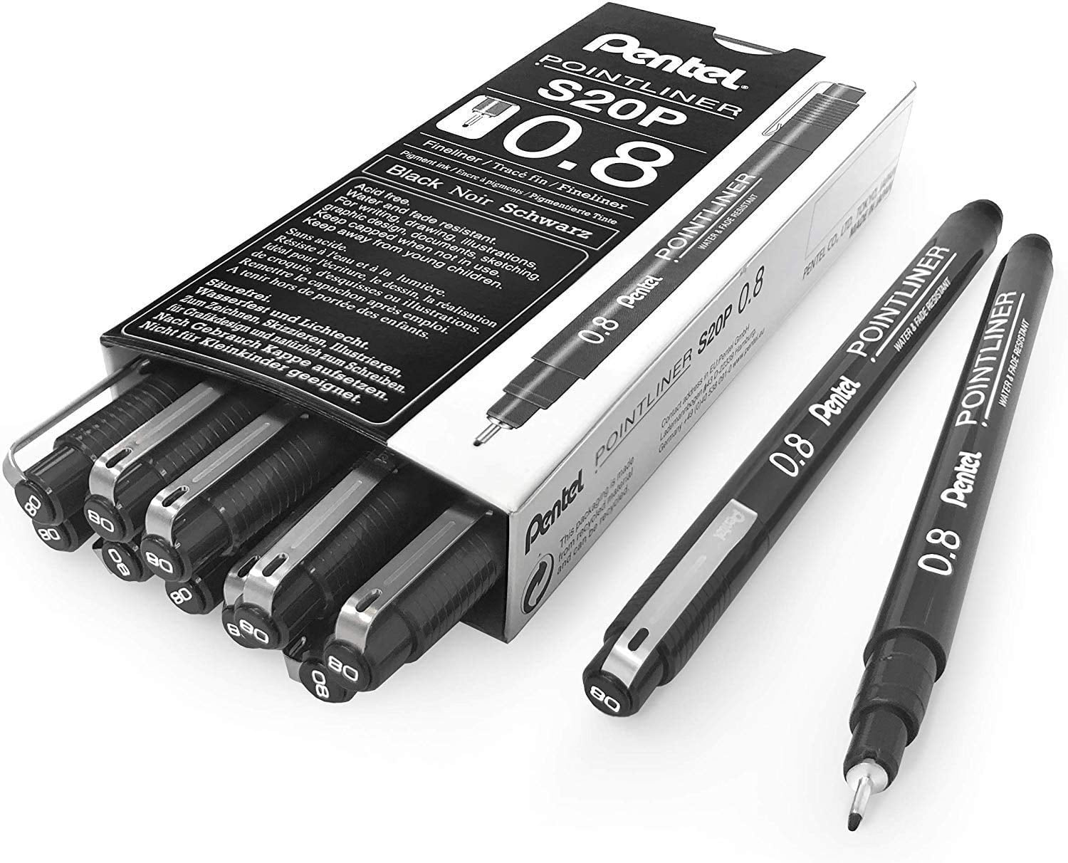 Pentel Arts Pointliner Drawing Pen, 0.8mm, Black Ink, Box of 12 Pens ...