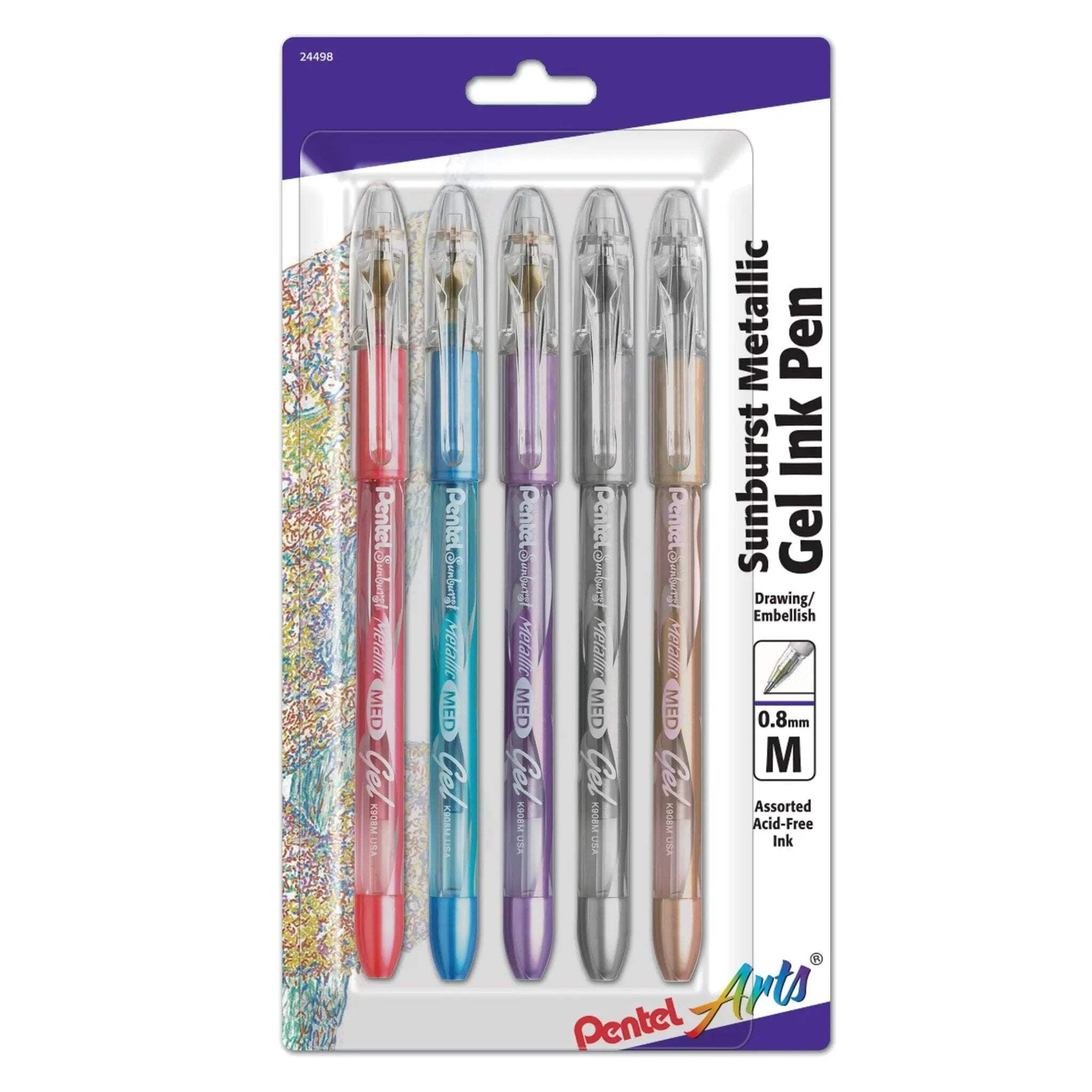 Pentel Arts Sunburst Metallic Gel Pen, Medium Line, Permanent, Assorted ...