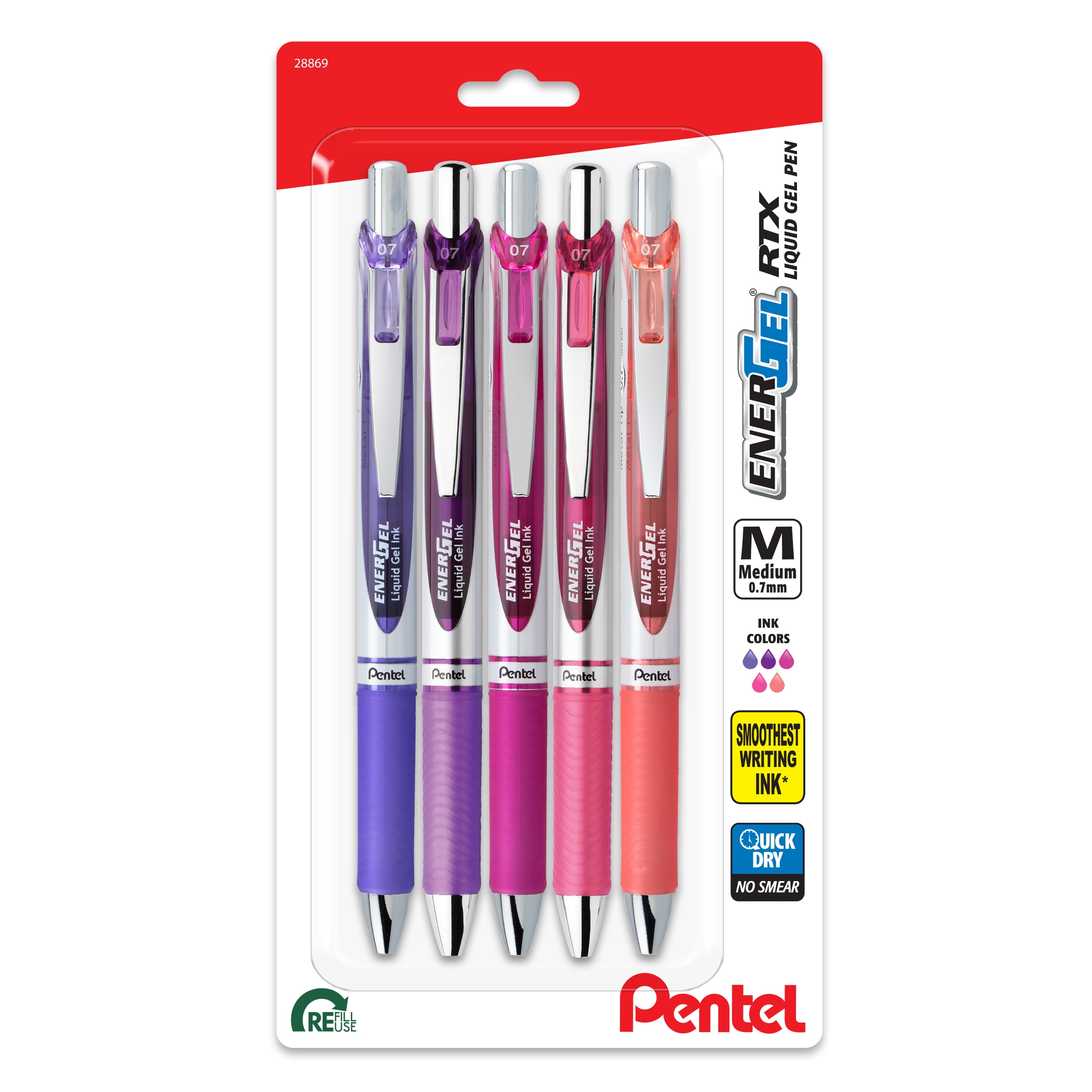 Pentel EnerGel RTX Gel Ink Pens, Medium Point, 0.7mm, Passion Hue Assorted Ink, Pack of 5 Pens ...