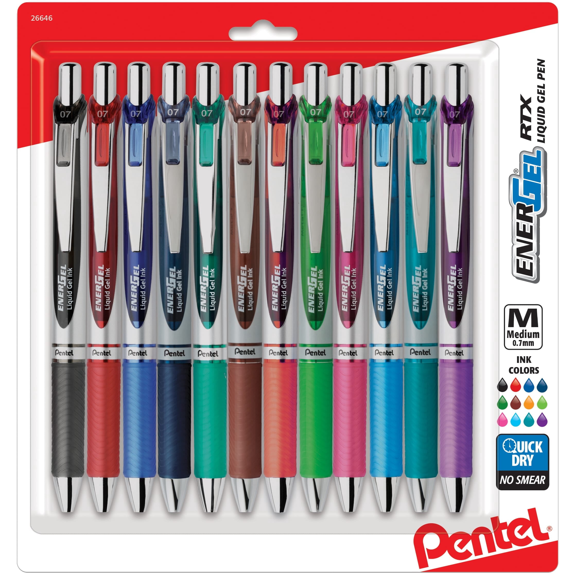 Pentel, Gel Pen, 0.7mm Assorted Ink 12-Pk with Stainless Steel Accents ...