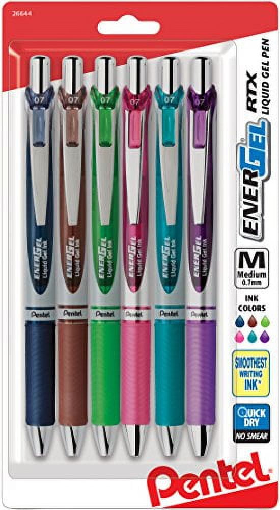 Pentel EnerGel RTX Retractable Liquid Gel Pen, (0.7mm) Metal Tip, Medium Line, Assorted Ink, 6 ...
