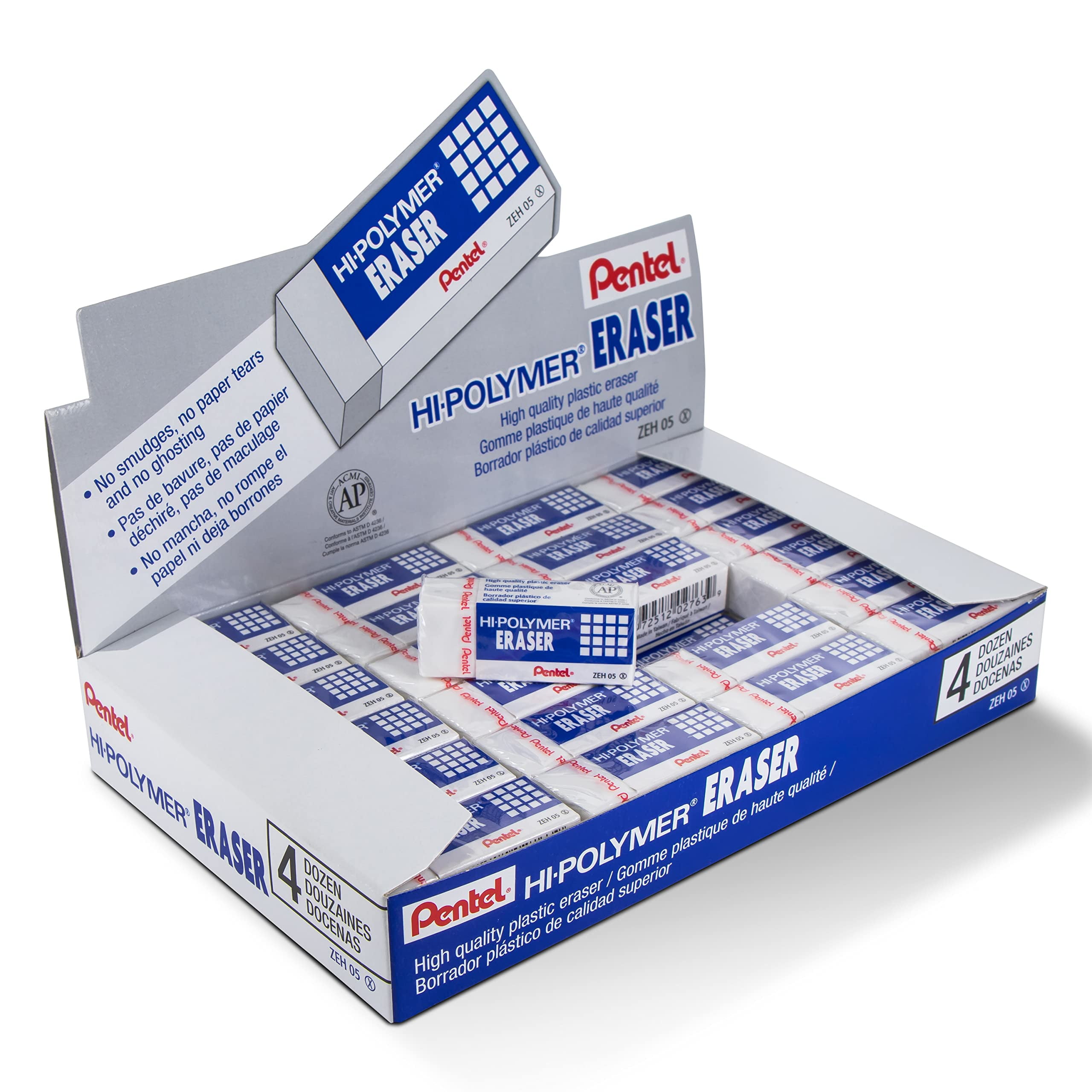 Pentel Hi-Polymer Block Eraser, Small, Box of 48 Erasers (ZEH-05),White ...