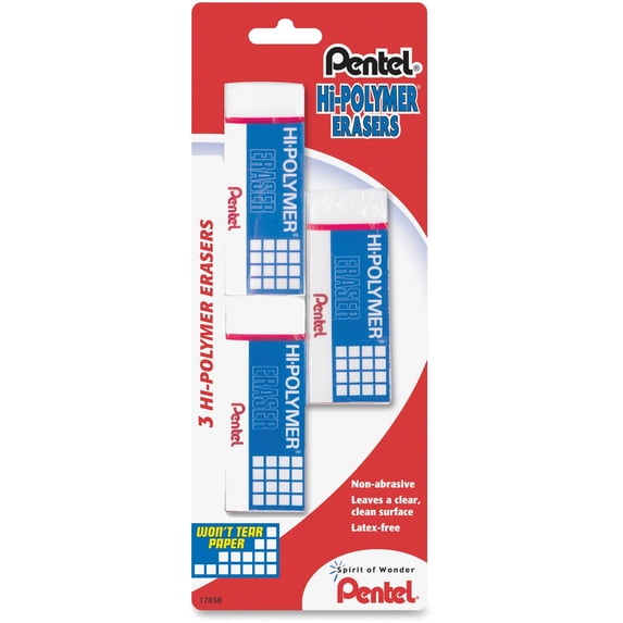Pentel, PENZEH10BP3K6, Hi-Polymer Eraser, 3 / Pack, White - Walmart.com