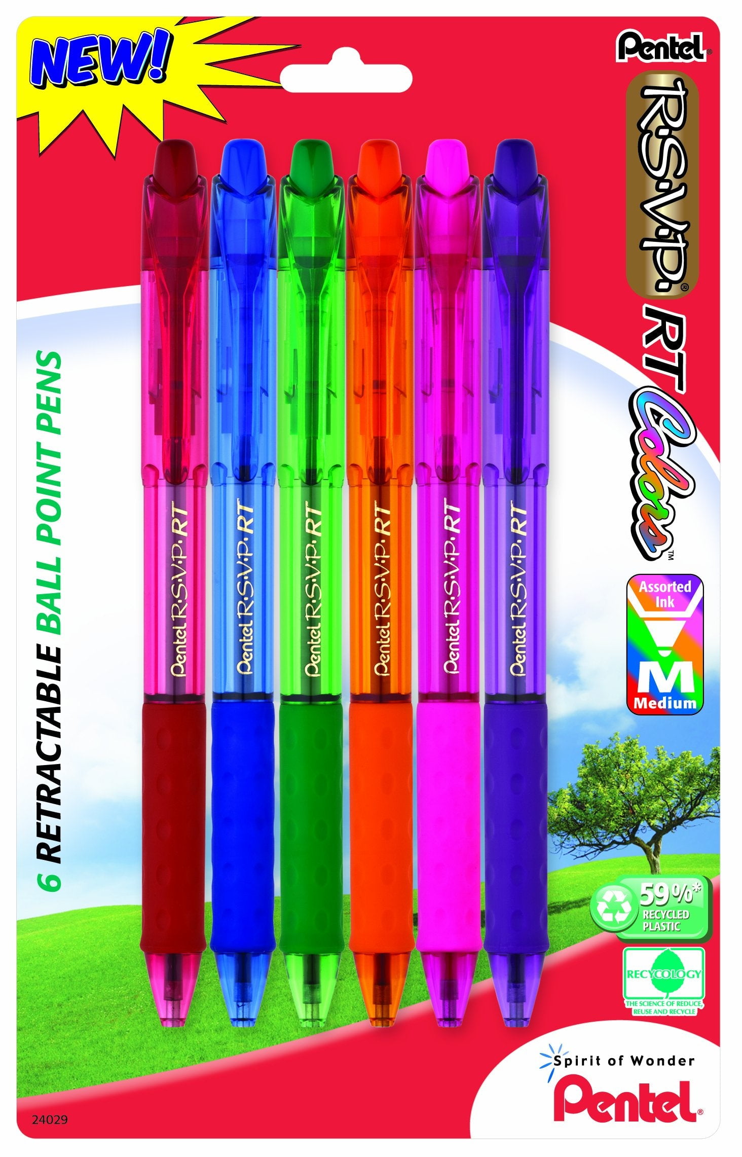 Pentel R.S.V.P. RT Colors New Retractable Ballpoint Pen, Medium Line, Assorted Ink Colors, 6 ...