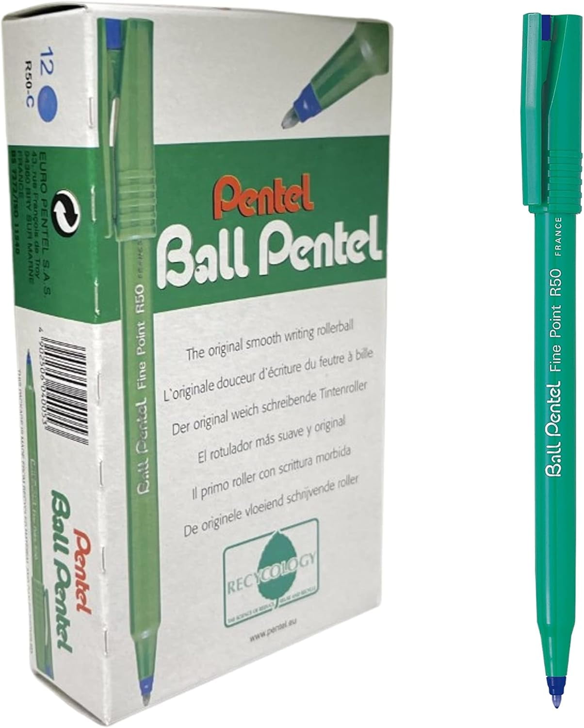 Pentel R50 Rollerball Pen Green Barrel Water-based 0.8mm Tip 0.4mm Line ...