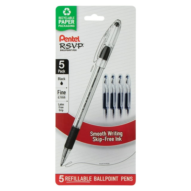 Pentel RSVP Ballpoint Pen, (0.7mm) Fine Line, Black Ink, 5 Pens Per ...