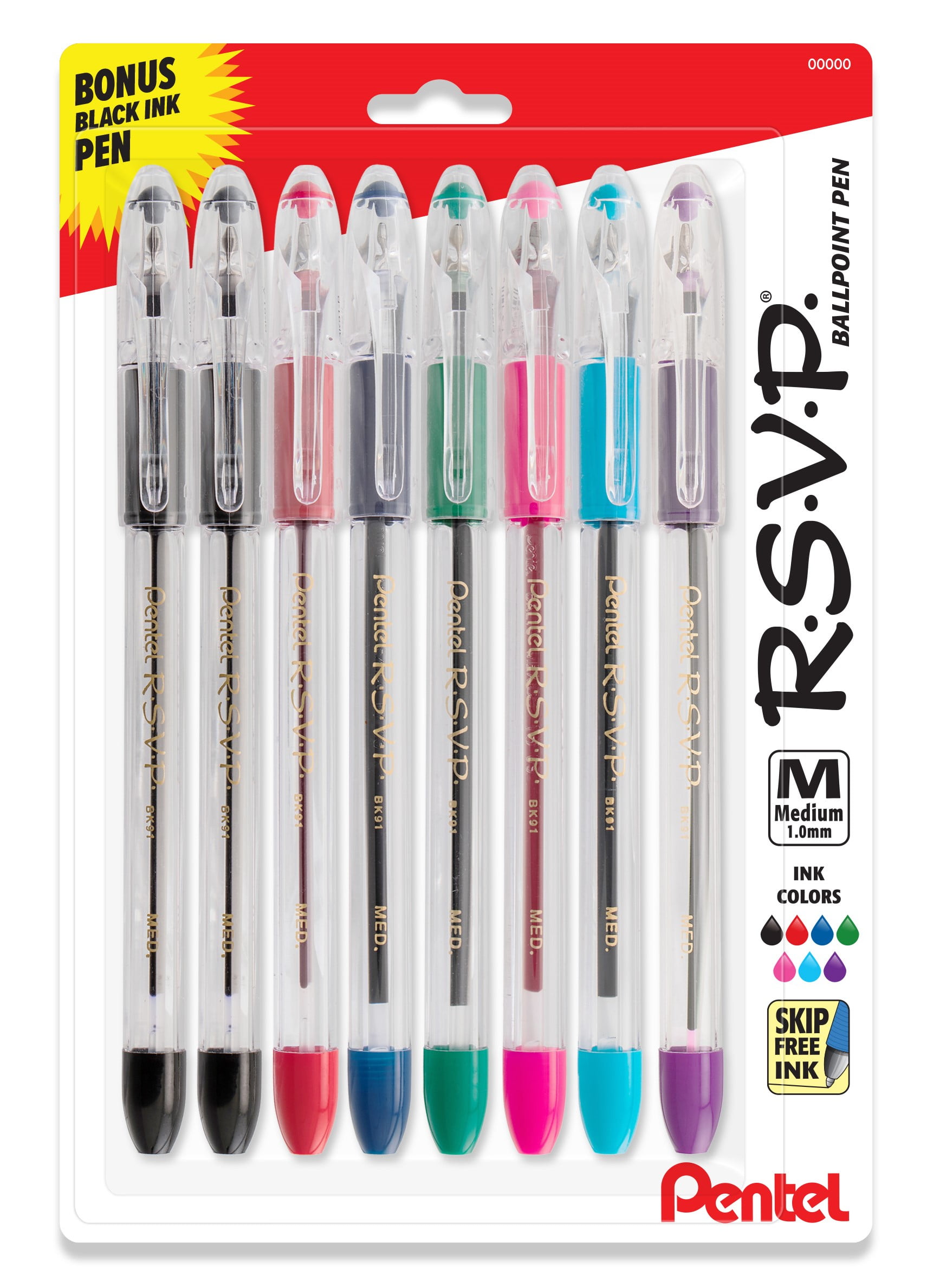 Pentel Ballpoint Pen, 1.0mm Medium Line, Assorted Colors, Clear Barrel ...