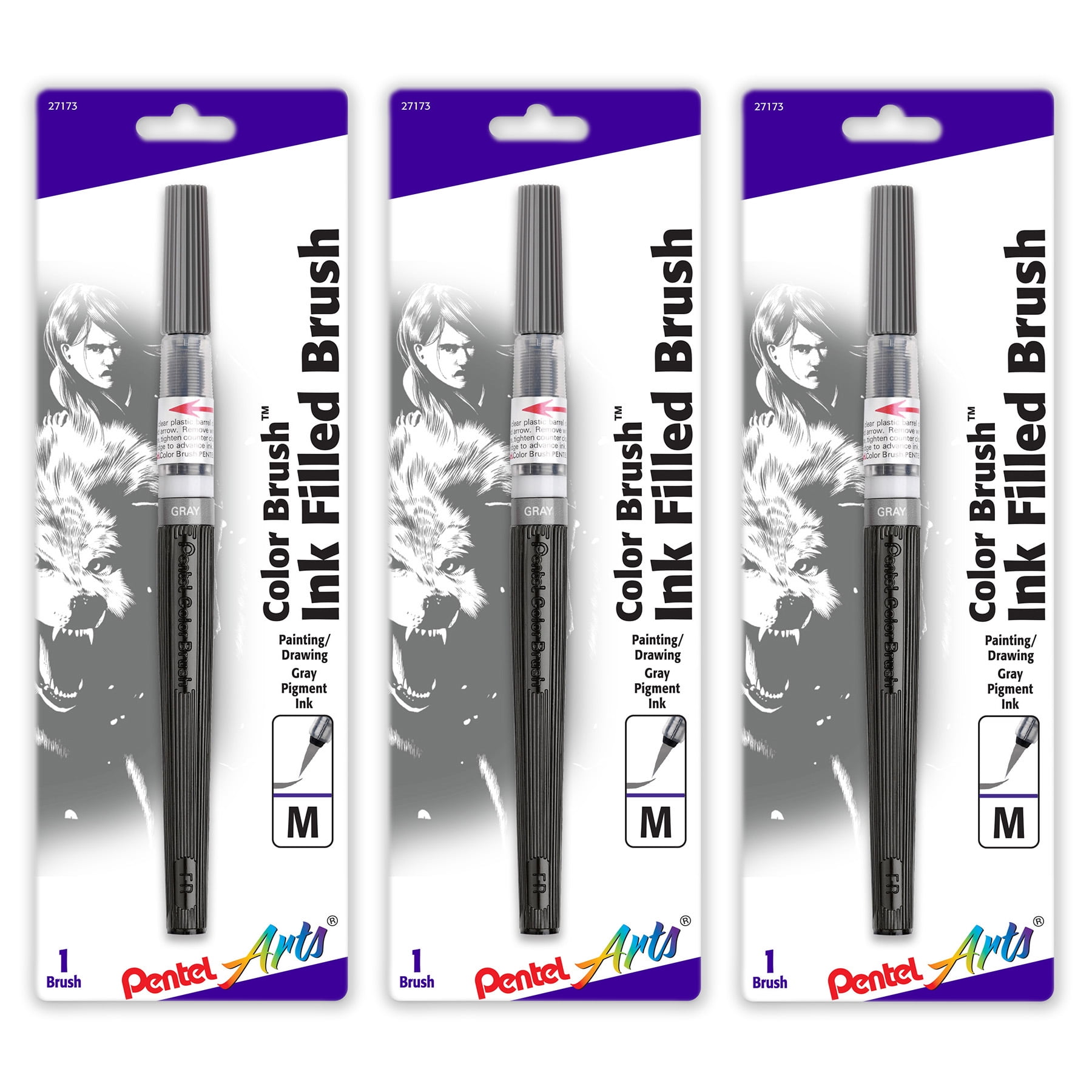 Pentel Arts Color Brush with Water-Based Ink, Medium Tip, Gray, Pack of ...
