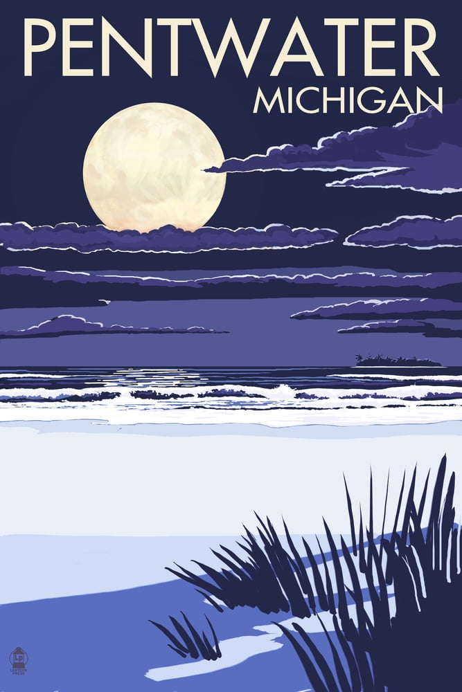 Pentwater, Michigan, Full Moon Night Scene (24x36 Giclee Gallery Art ...
