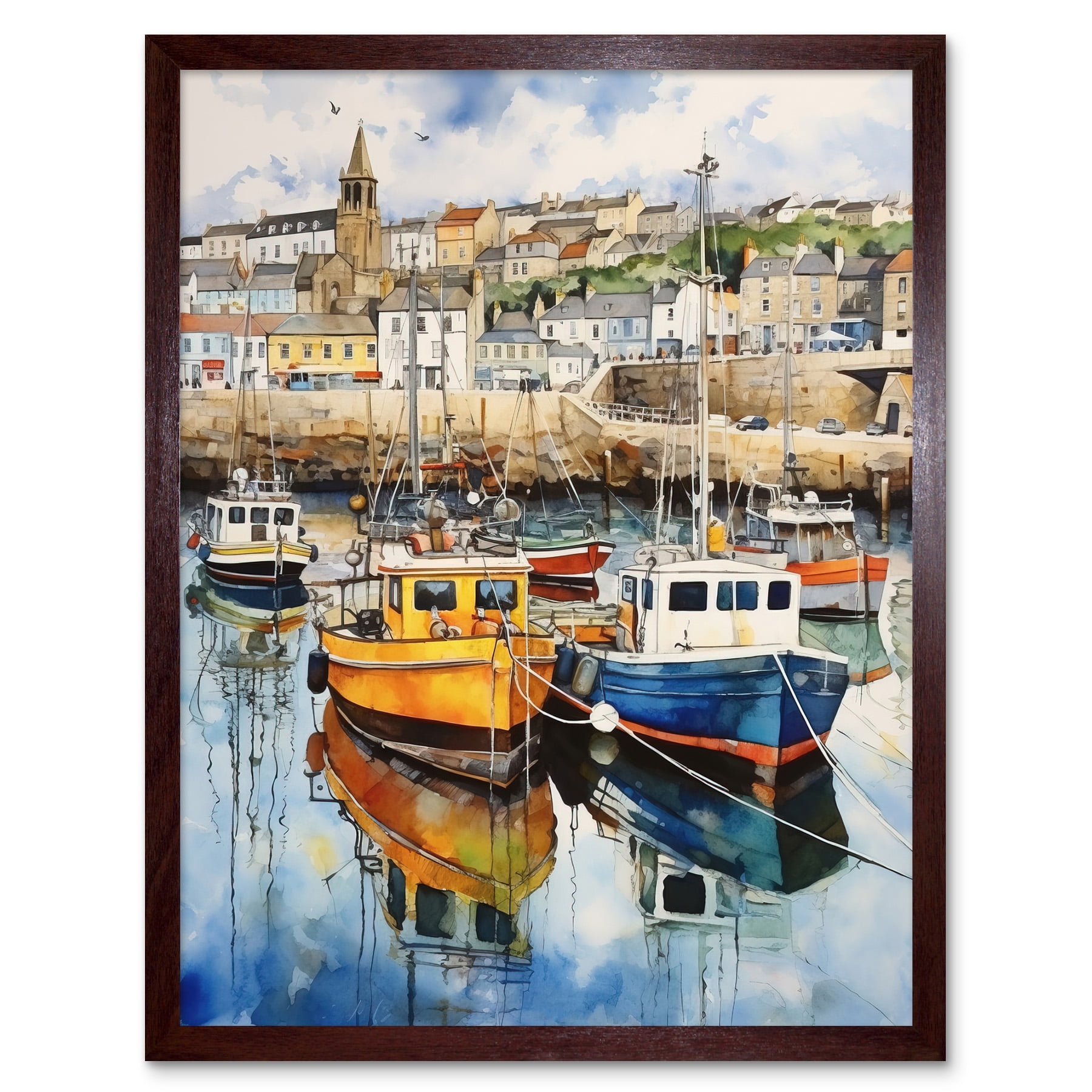 Penzance Harbour Trawler Boats Promenade Watercolour Painting Cornwall ...