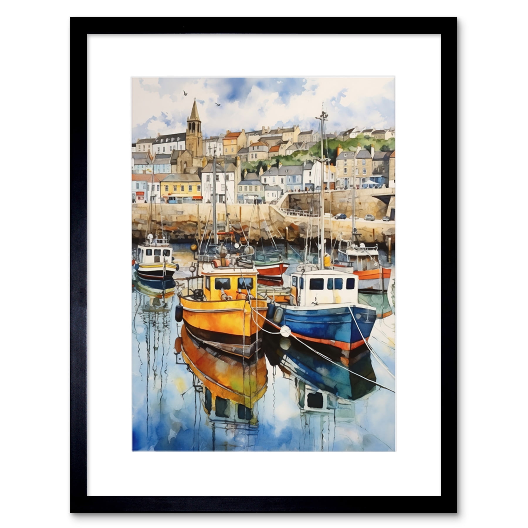 Penzance Harbour Trawler Boats Promenade Watercolour Painting Cornwall ...