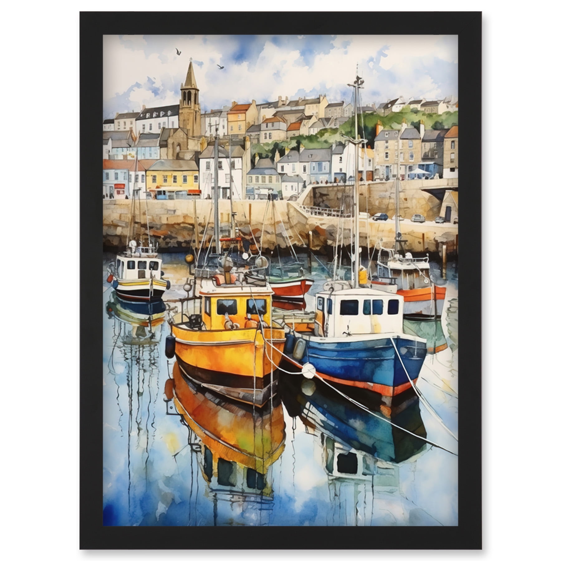 Penzance Harbour Trawler Boats Promenade Watercolour Painting Cornwall ...