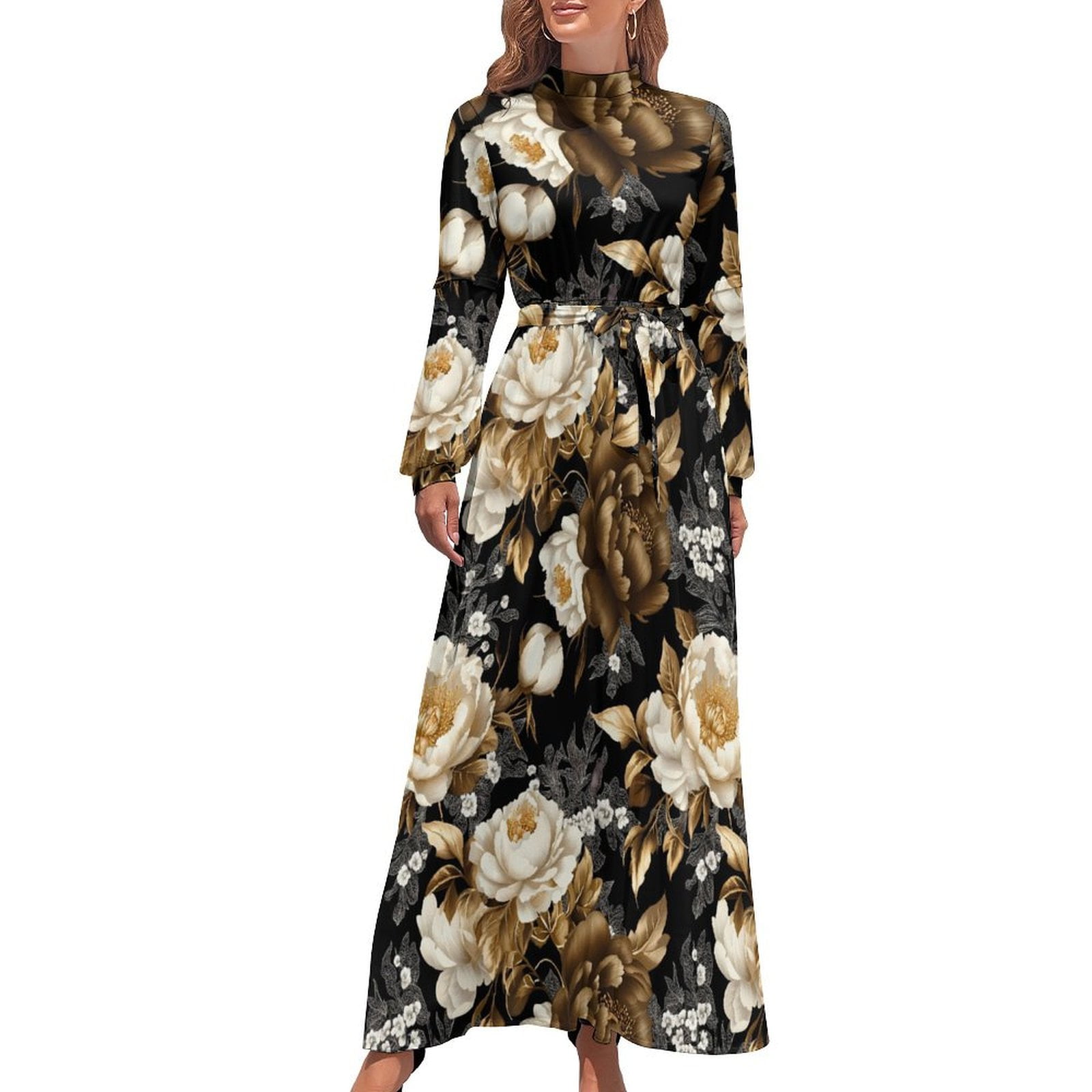 Peonies Flowers Women's Fall Maxi Dress Long Sleeve Turtleneck Flowy ...