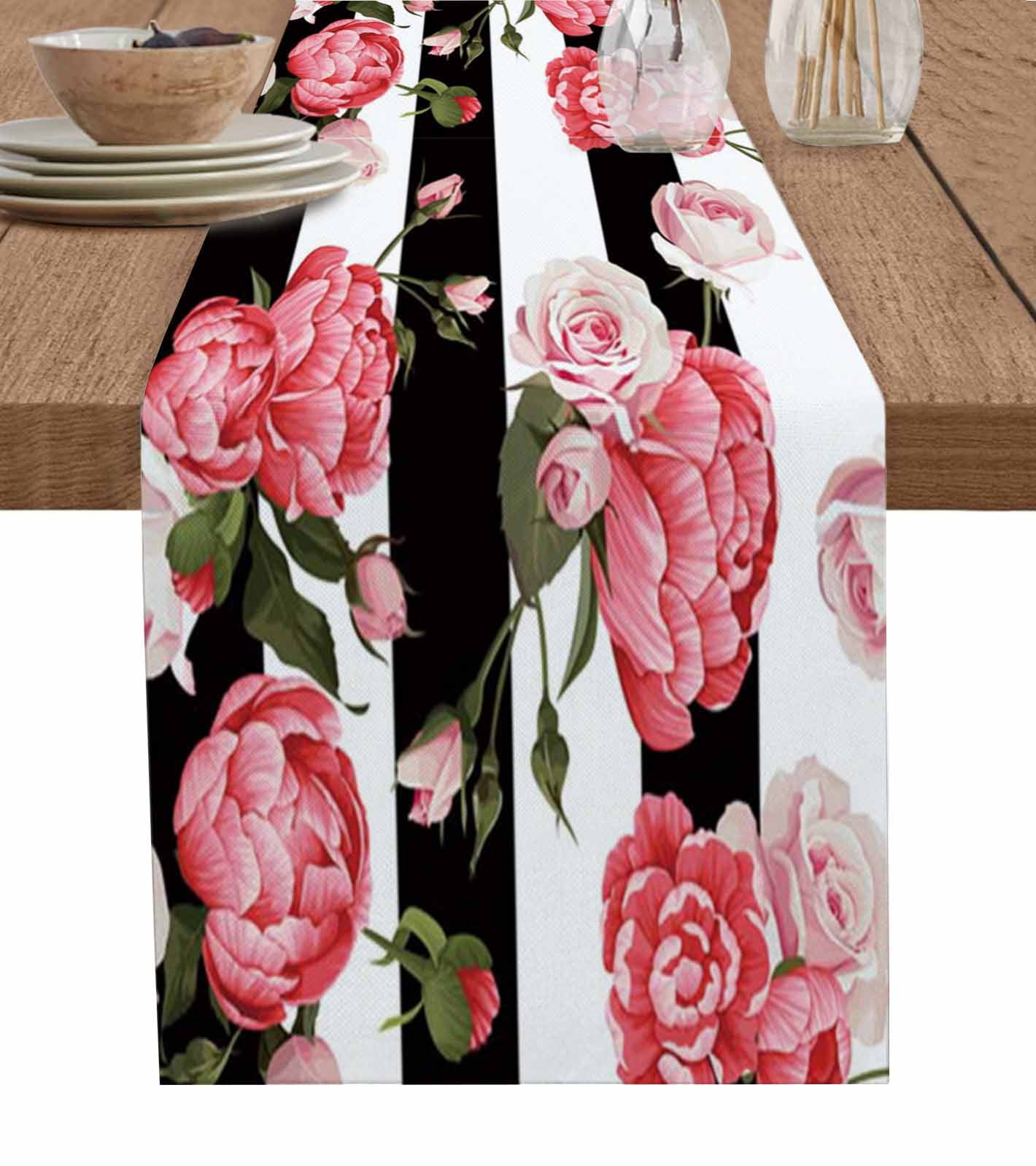 Peonies Roses Flower White Linen Table Runner Kitchen Table ration Farmhouse Dining Table Cloth ...