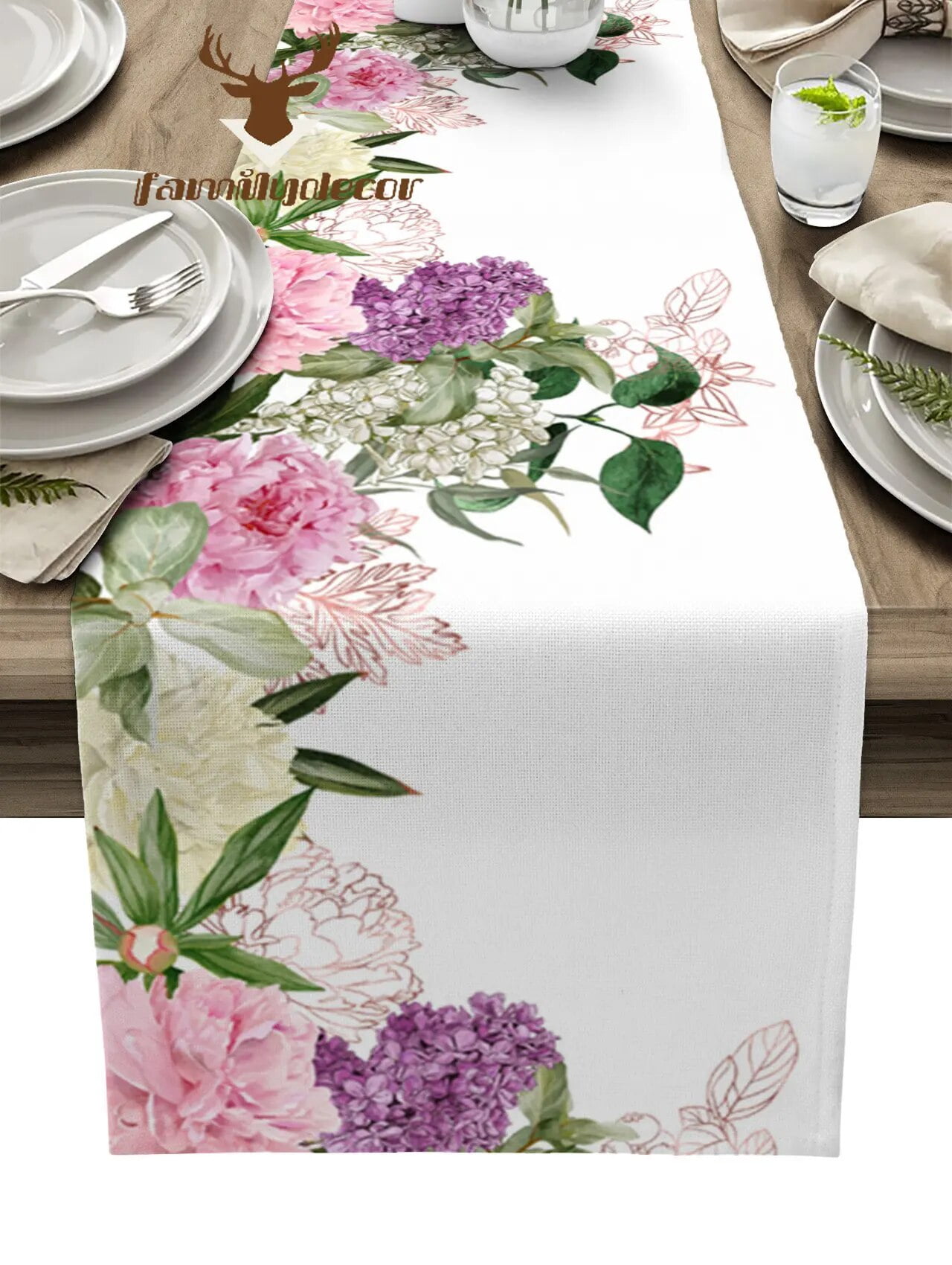 Peonies Roses Flower White Table Runner Home Wedding Table Flag Mat ...