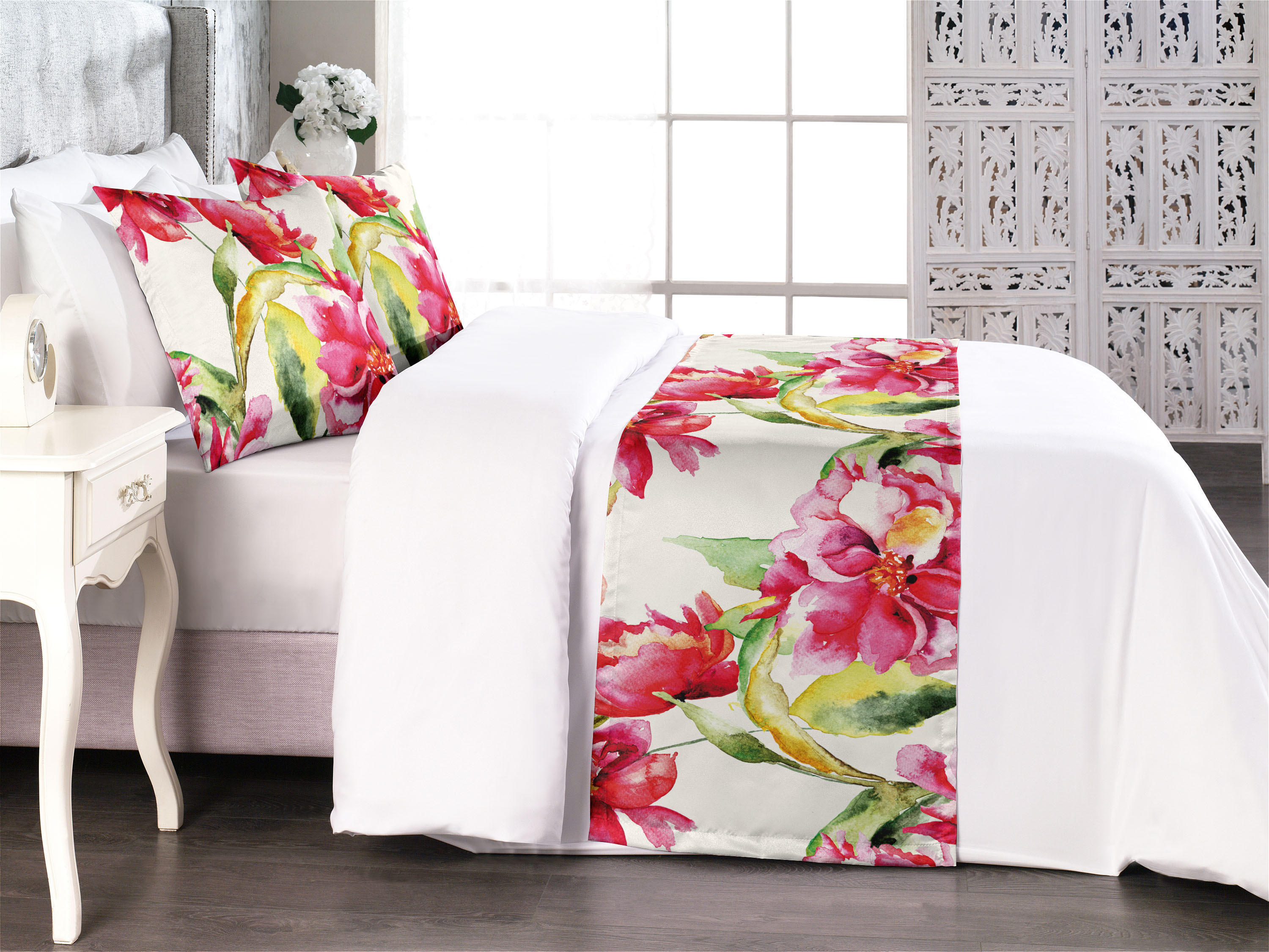 Peony Bed Runner Set, Springtime Artwork of Dreamy Floral and Leafy ...