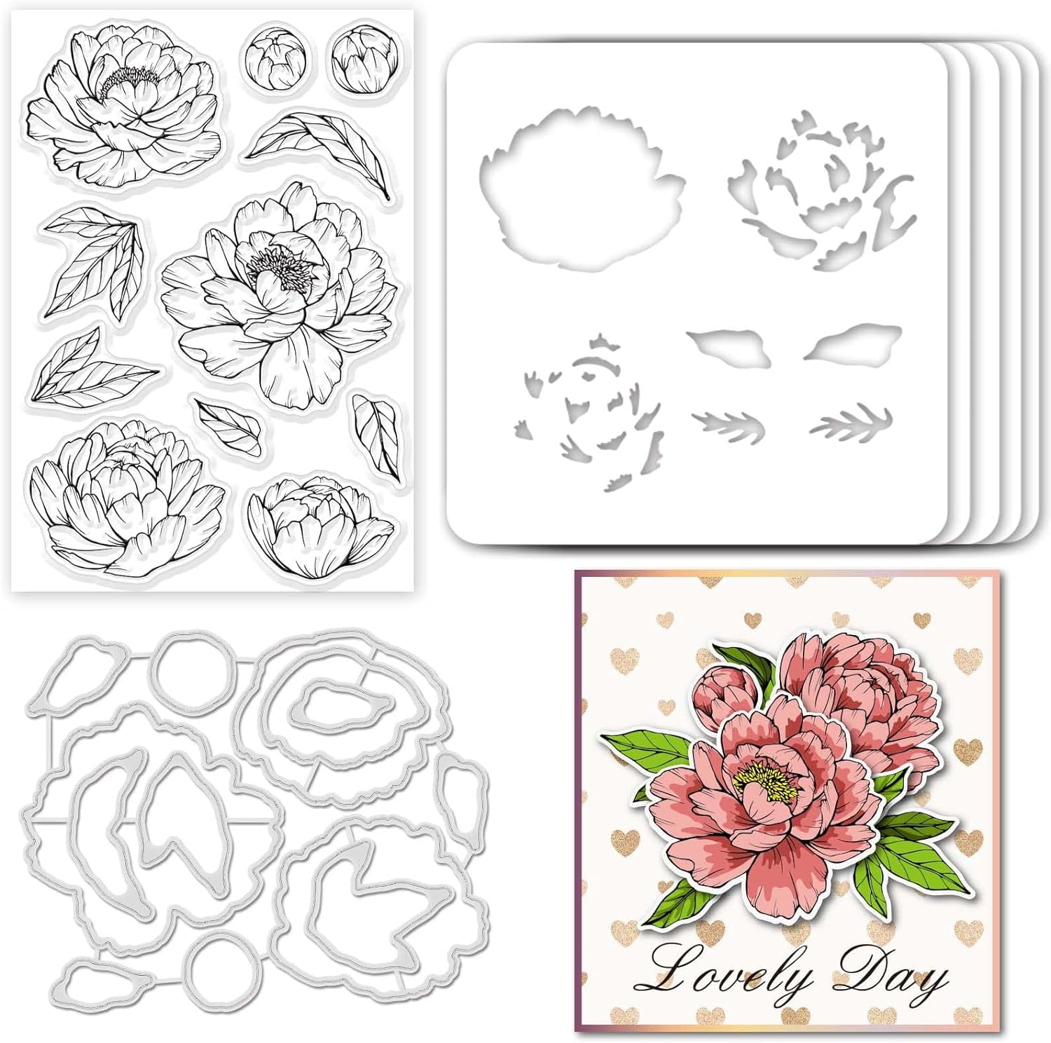 Peony Cut Dies Clear Stamp Painting Stencils Flowers Embossing Template ...