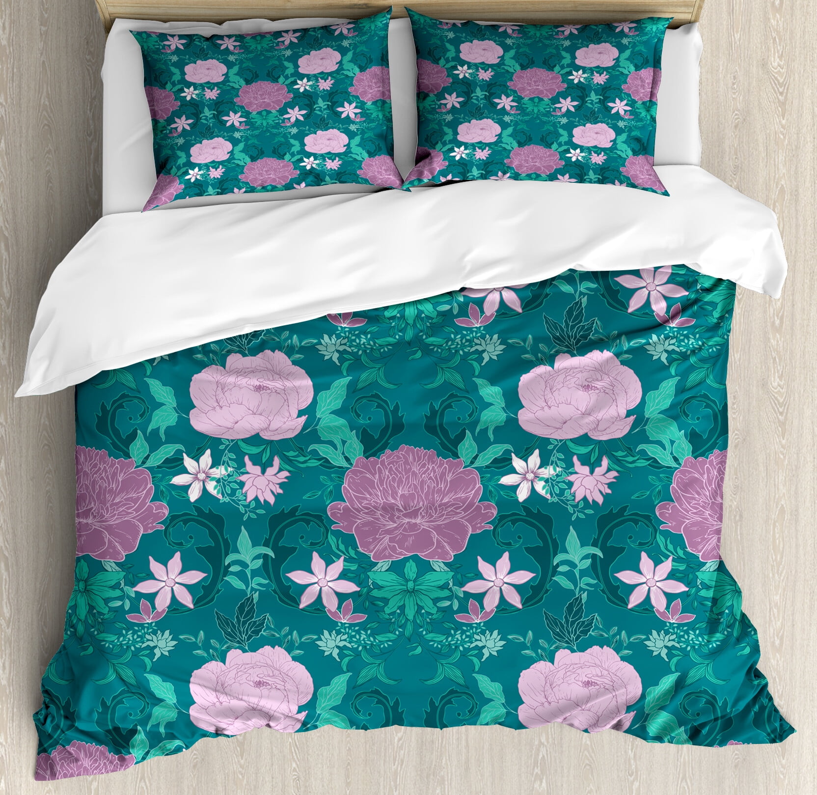 Peony Duvet Cover Set, Continuous Pointy Petals and Rose Family Flower ...