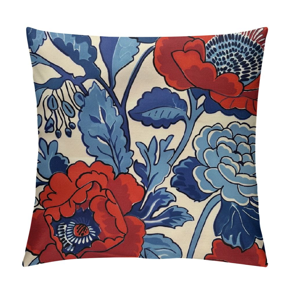 Peony Floral Red And Blue Euro Sham Pillow Covers Chinoiserie Style