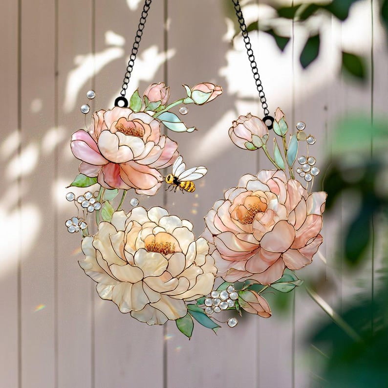Peony Floral Suncatcher – Acrylic Window Hanging with Bee, Pearls ...