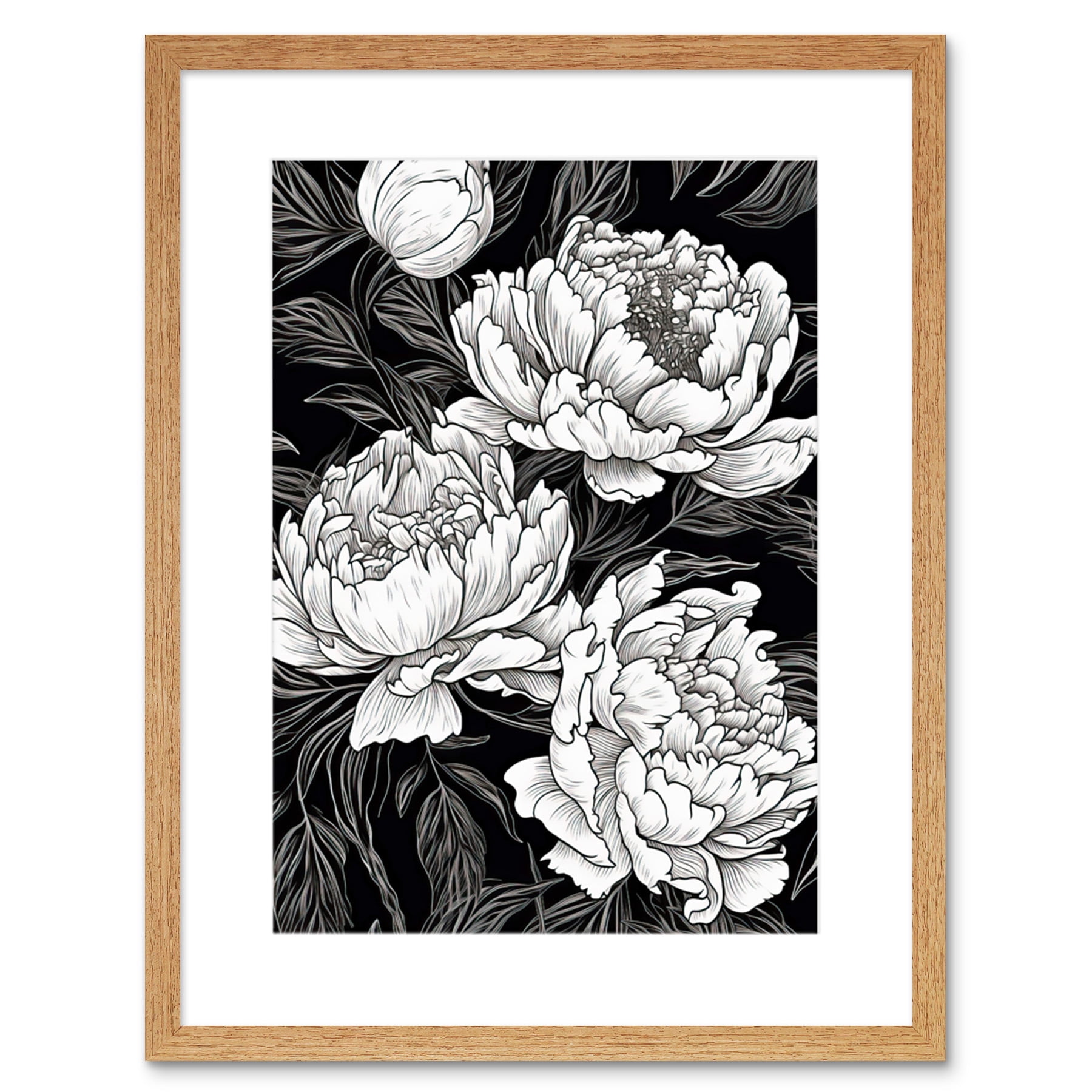 Peony Flower Blooms White on Black Illustration Artwork Framed Wall Art ...