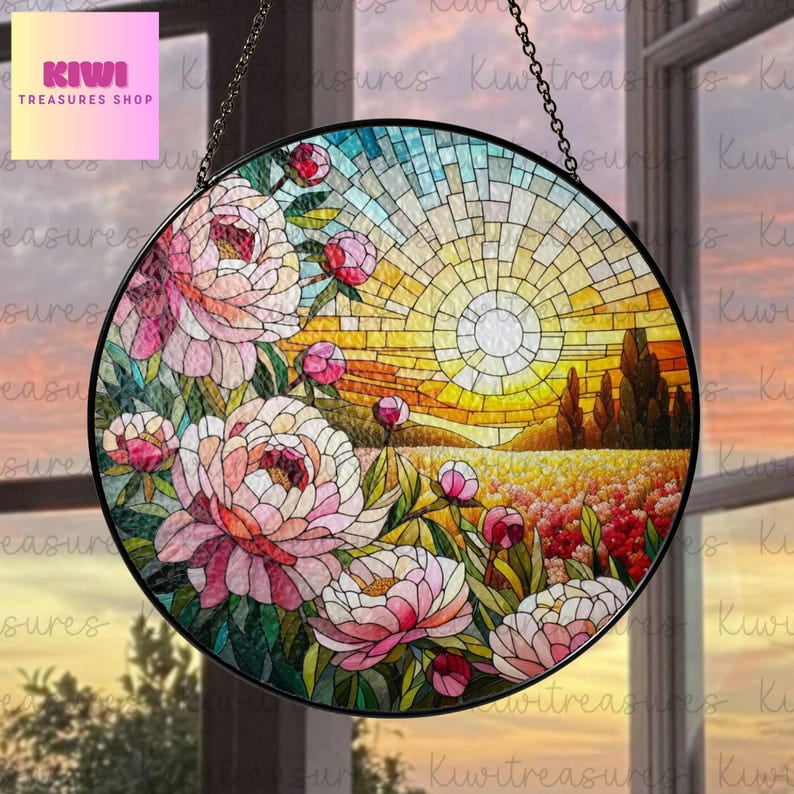 Peony Flower GLASS Suncatcher Hanging, Birth Month Flower glass, Window ...